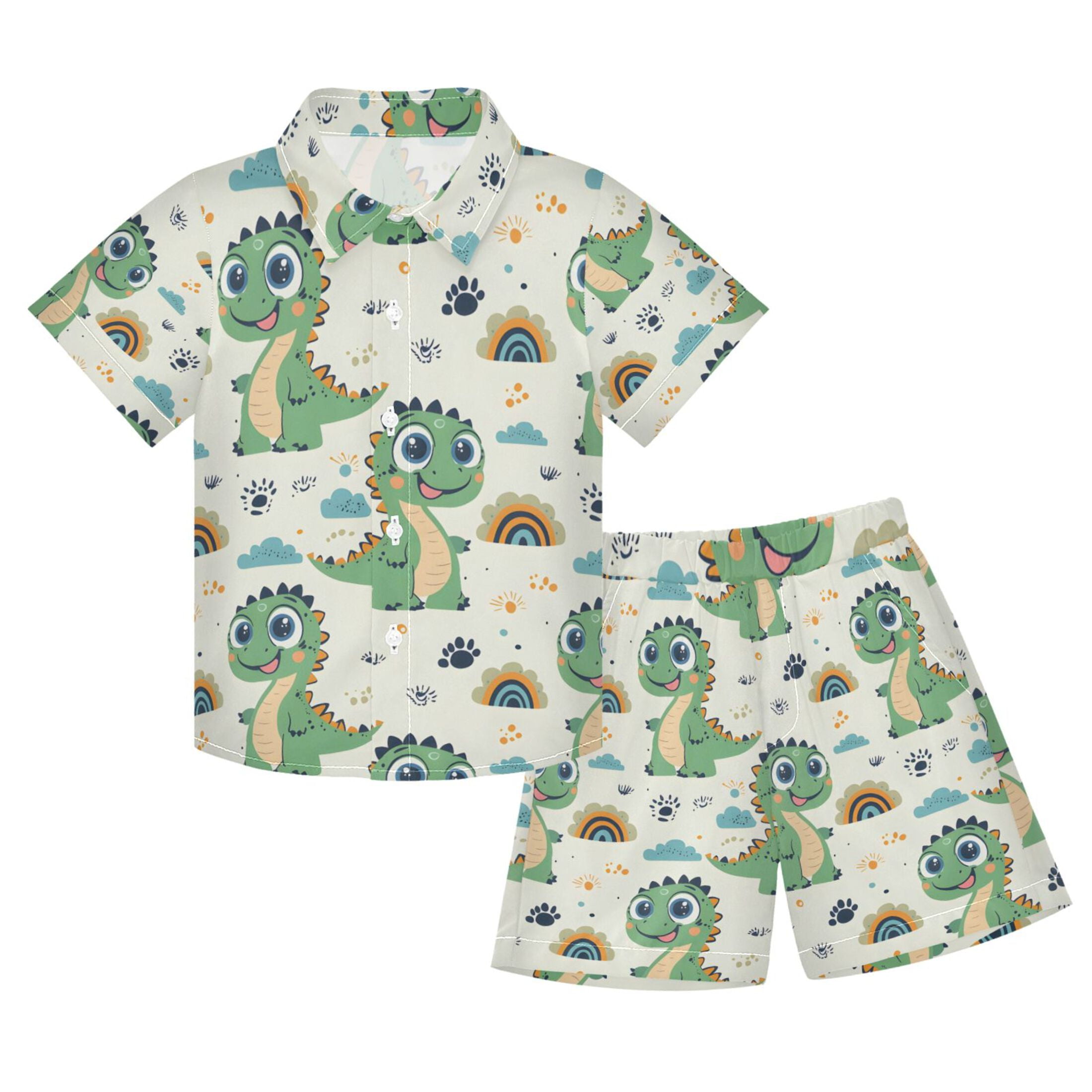 joogoo Boy Shorts Set Cartoon Dinosaurs Rainbow 2 Piece Short Sleeve Button Down Hawaiian Shirt ...