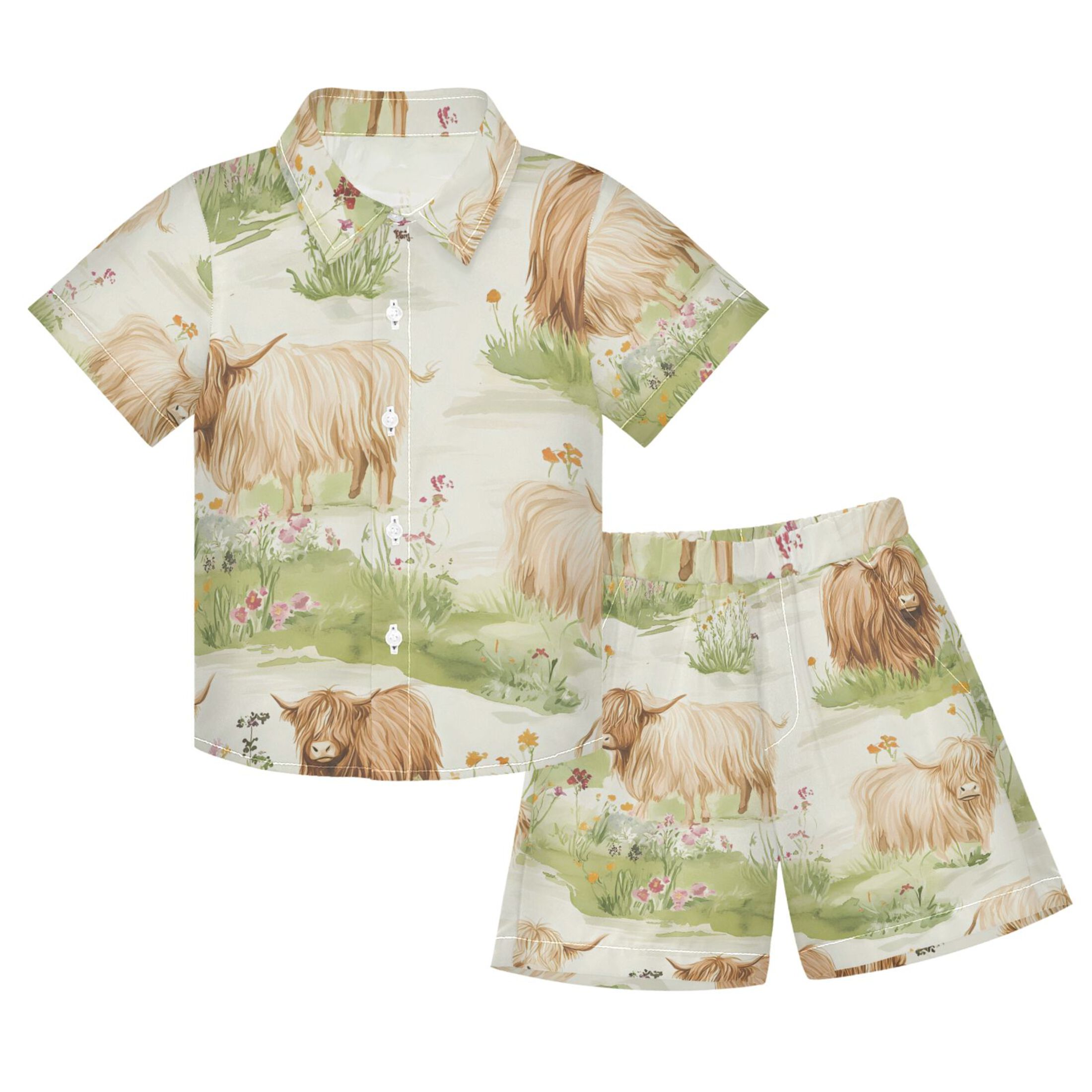 joogoo Boy Shorts Set Highland Cattle Flower-w3 2 Piece Short Sleeve ...