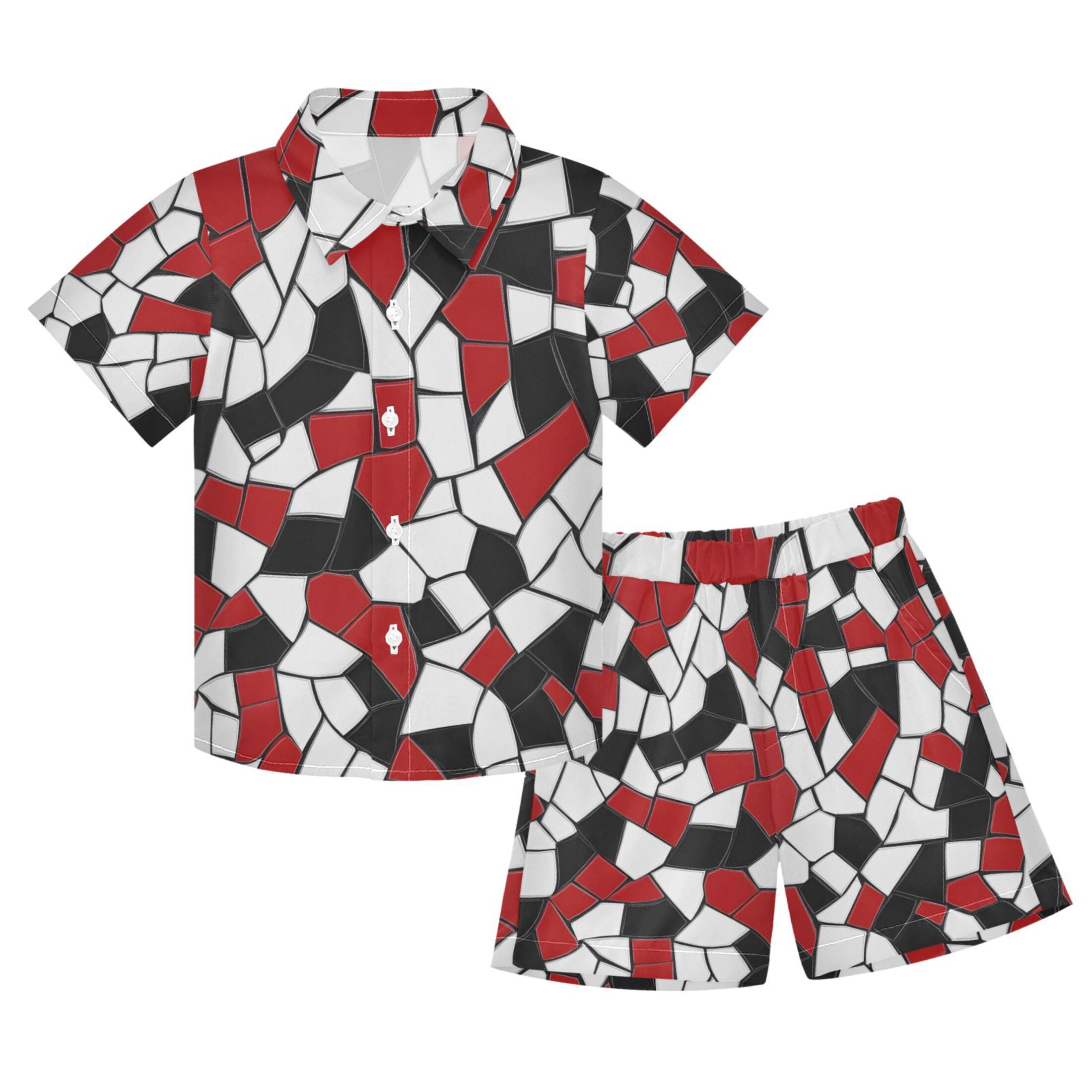 joogoo Boy Shorts Set Irregular Squares 2 Piece Short Sleeve Button ...