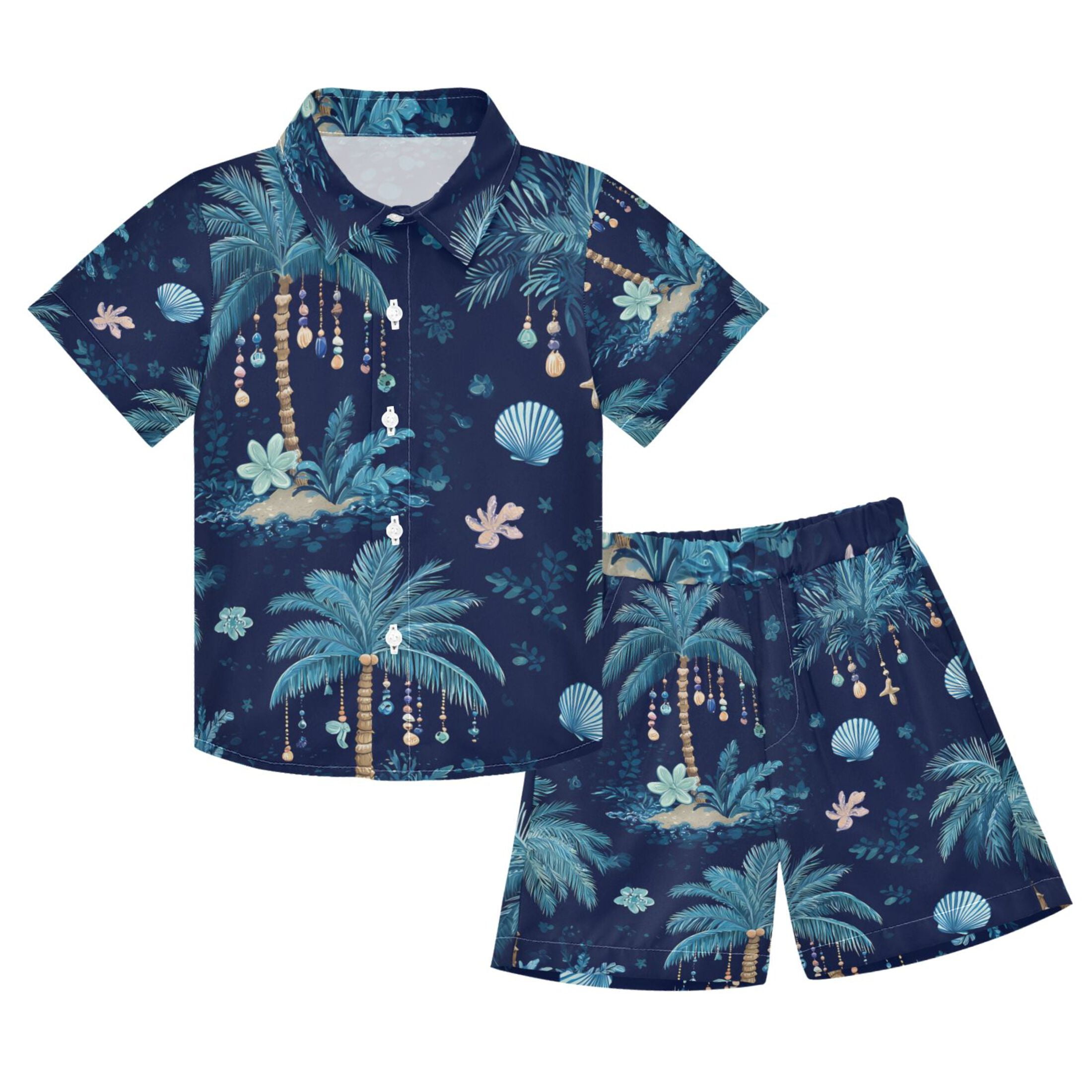 joogoo Boy Shorts Set Shells Palm Trees 2 Piece Short Sleeve Button ...
