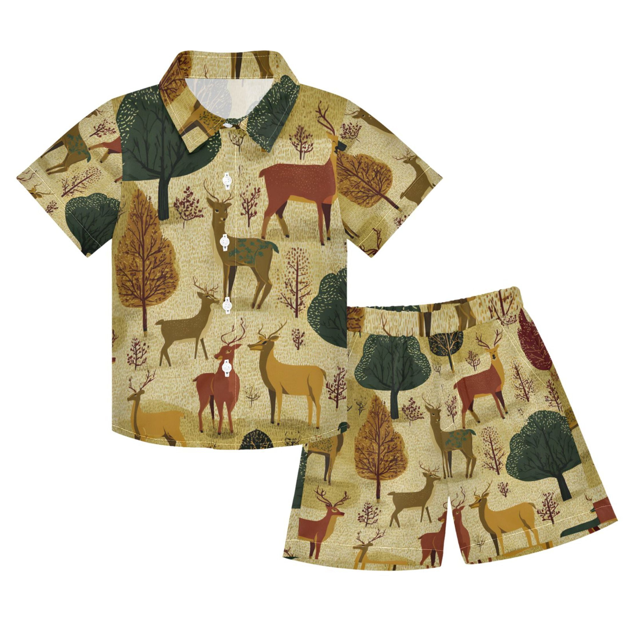 joogoo Boy Shorts Set Vintage Deers Tree 2 Piece Short Sleeve Button Down Hawaiian Shirt Shorts ...