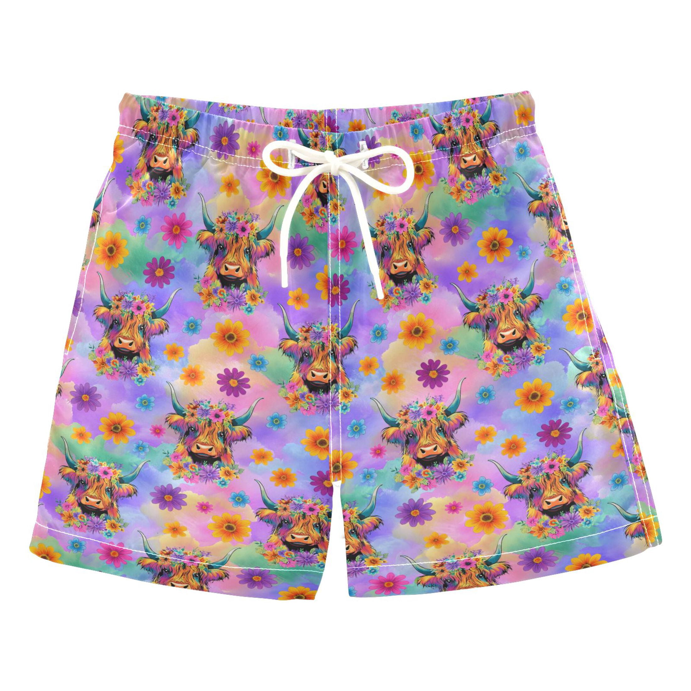 joogoo Boy Swim Trunks Highland Cow Floral Gradient Bathing Beach Board ...