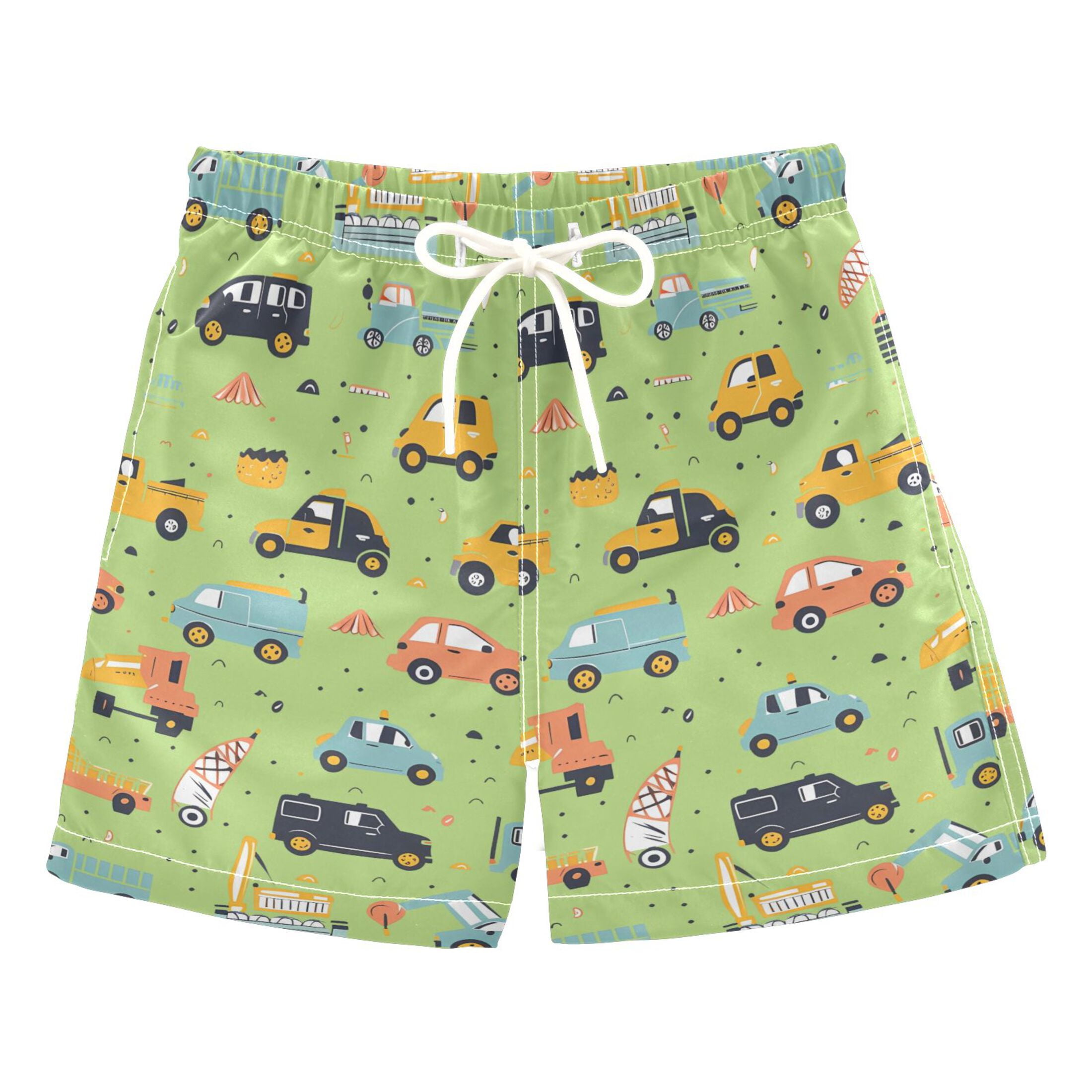 joogoo Boys Swim Trunks Cartoon Cars on Green Beach Board Shorts ...