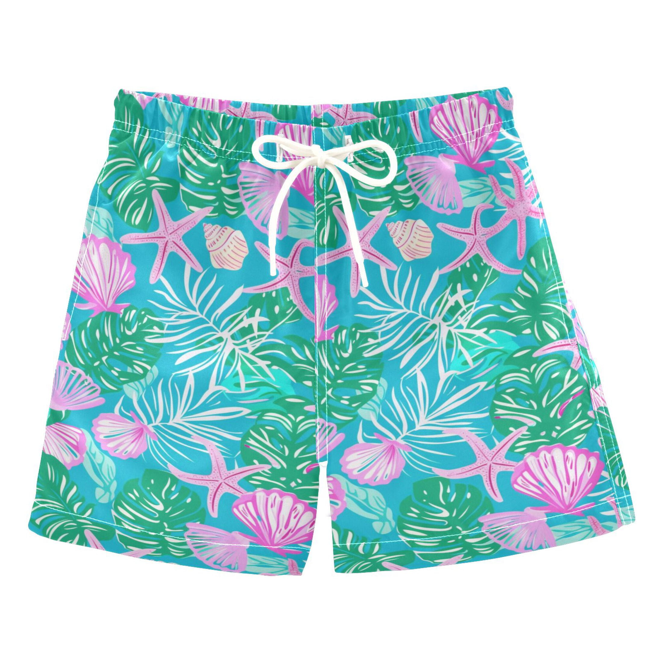 joogoo Boys Swim Trunks Palm Leaves and Shell Beach Board Shorts ...