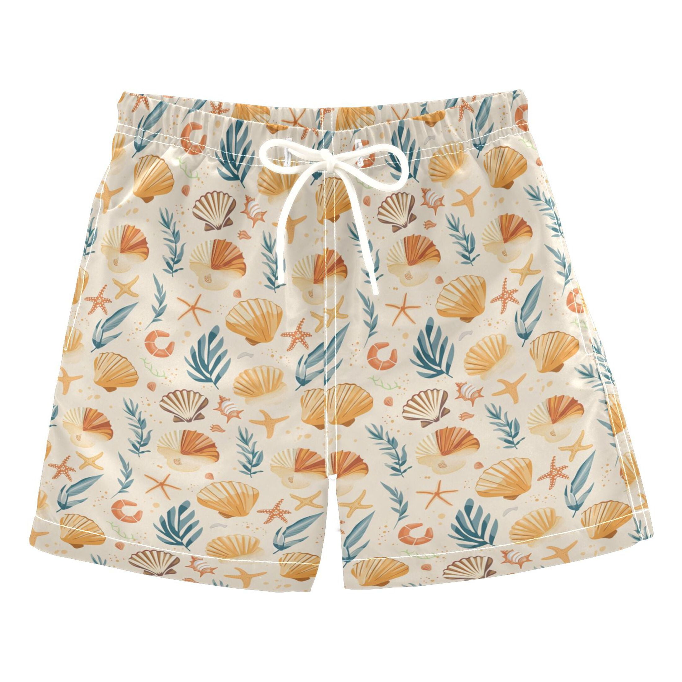 joogoo Boys Swim Trunks Sea Shells and Palm Leaves Beach Board Shorts ...