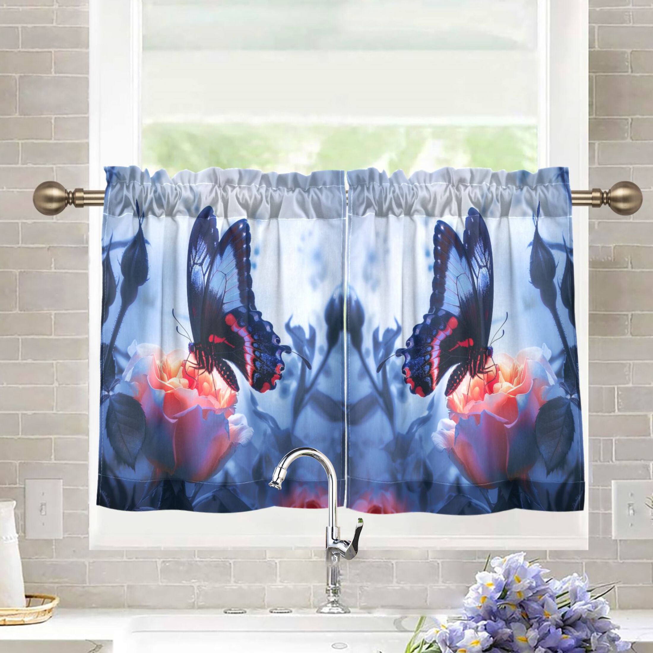 joogoo Butterfly Rose Flower Curtains Sets Half Window Cafe Farmhouse ...