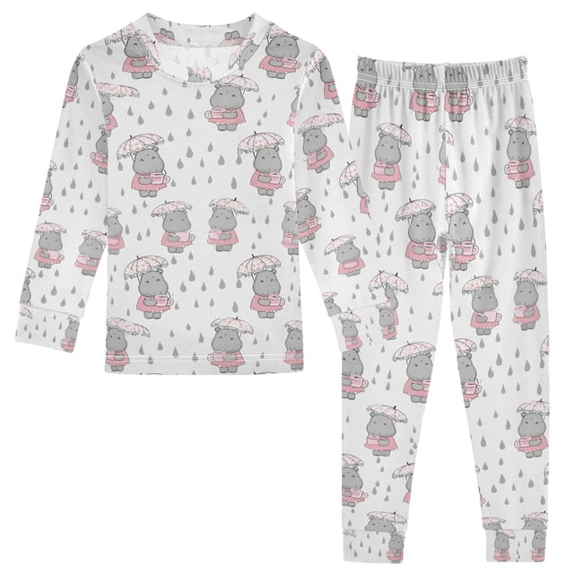 joogoo Cartoon Hippo in Rain 2 Piece Long Sleeve Tee and Pants Cotton ...