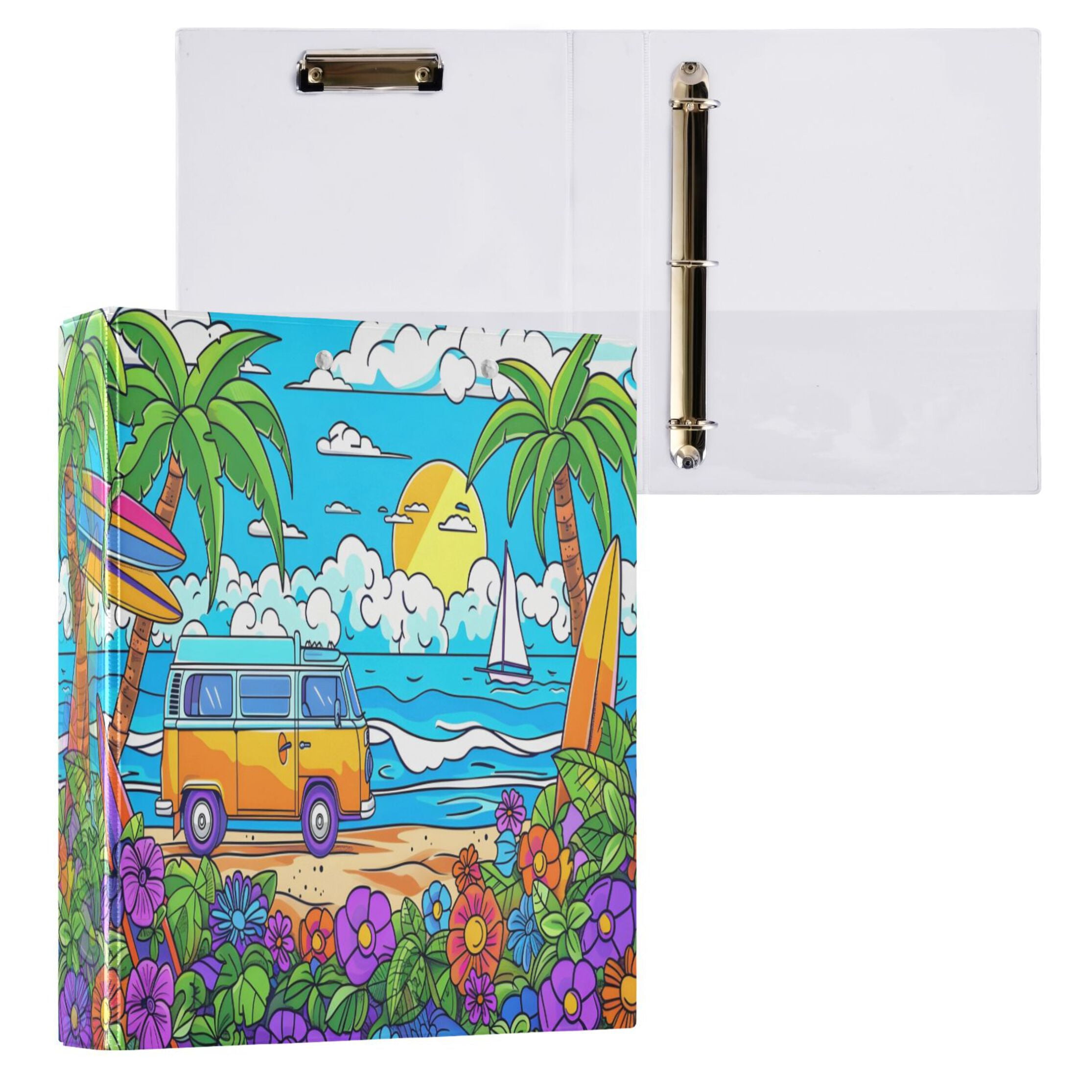 joogoo Cartoon Summer Beach Hardcover 3 Ring Binder 1.5" Round Rings ...