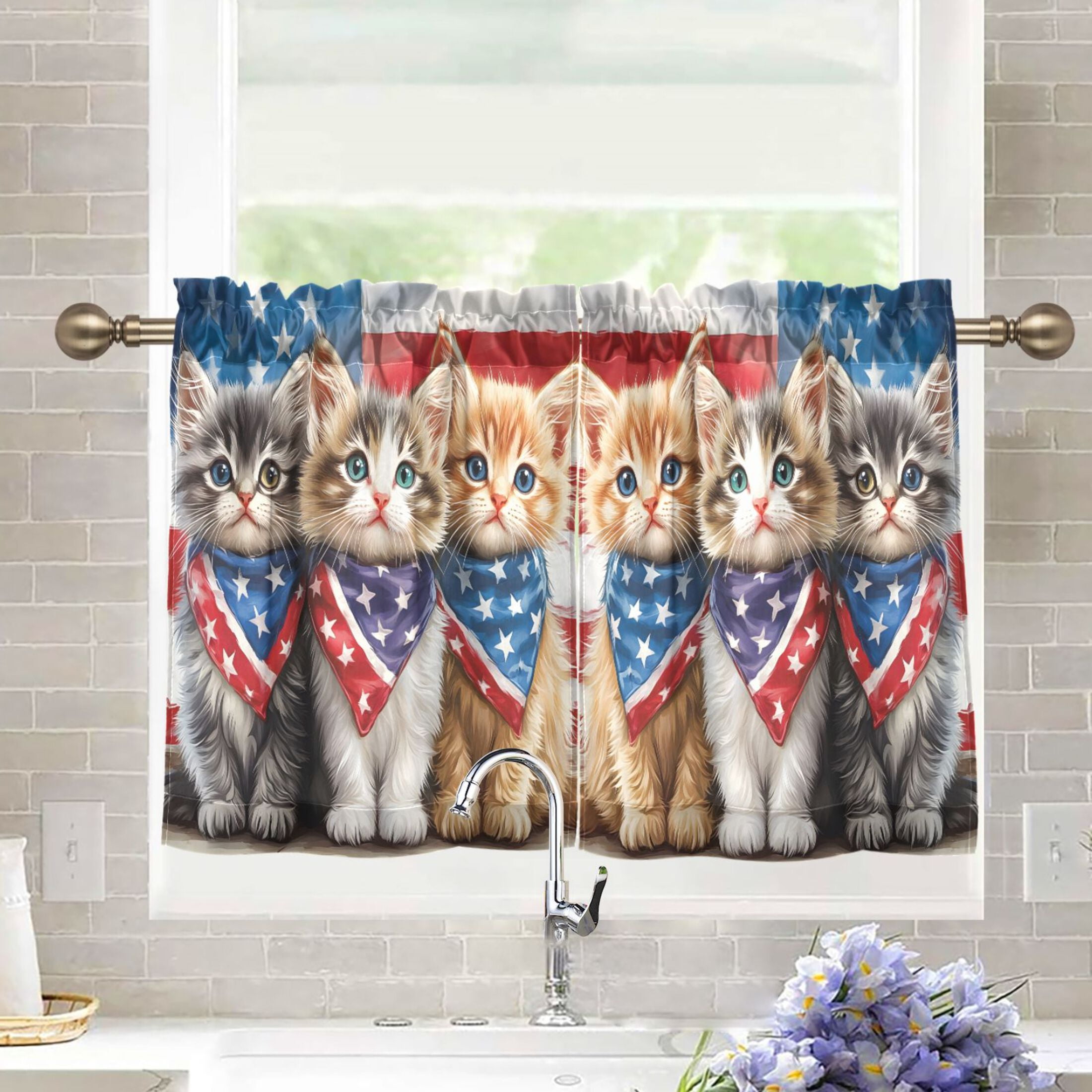 joogoo Cat American Flag Curtains Sets Half Window Cafe Farmhouse Tier ...