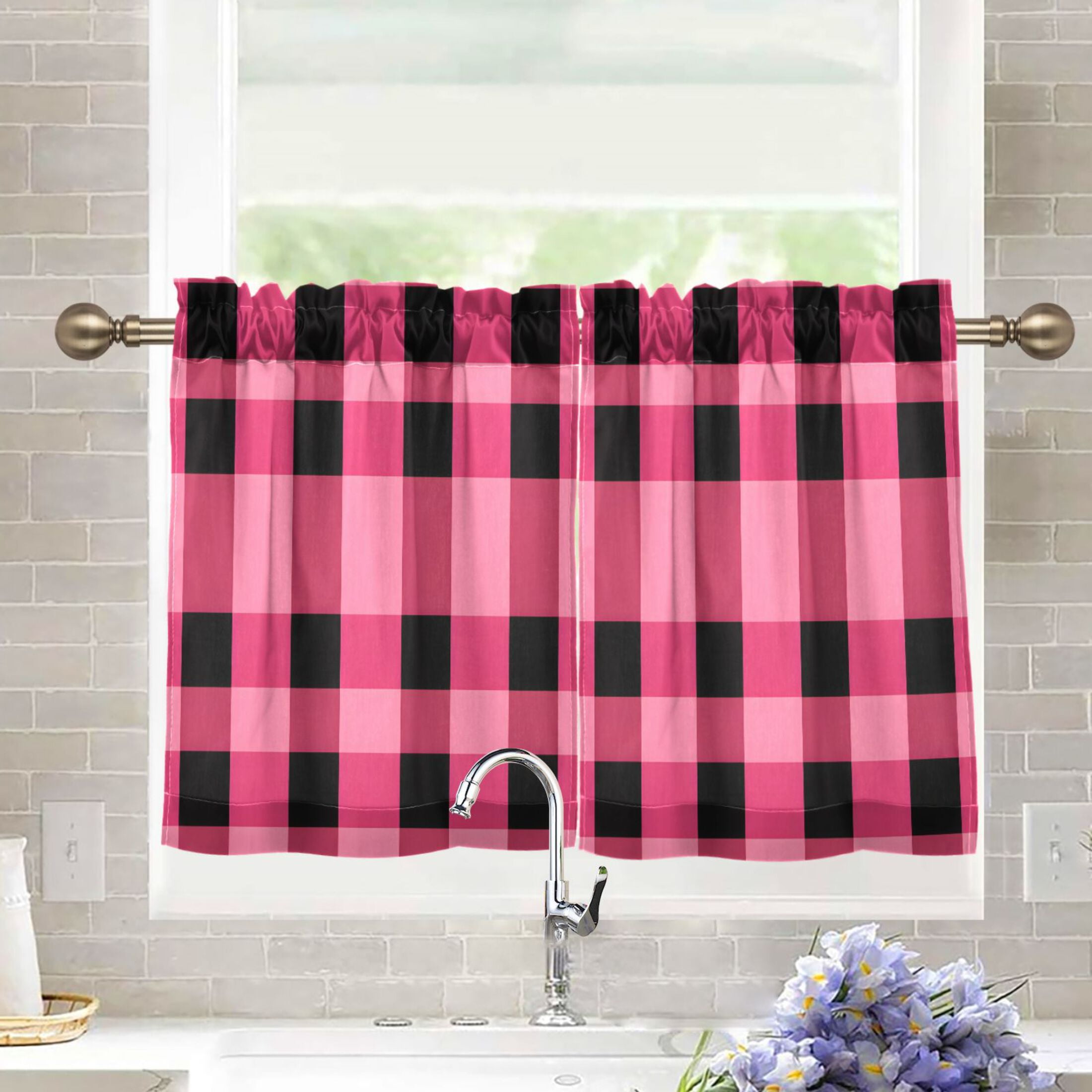 joogoo Checkered Pink Grid Print Curtains Sets Half Window Cafe ...