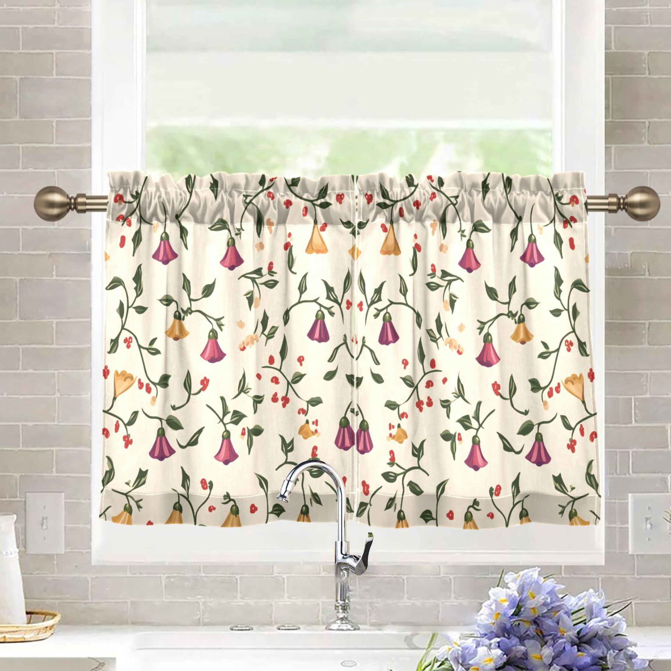 joogoo Christmas Bells Flowers Curtains Sets Half Window Cafe Farmhouse ...