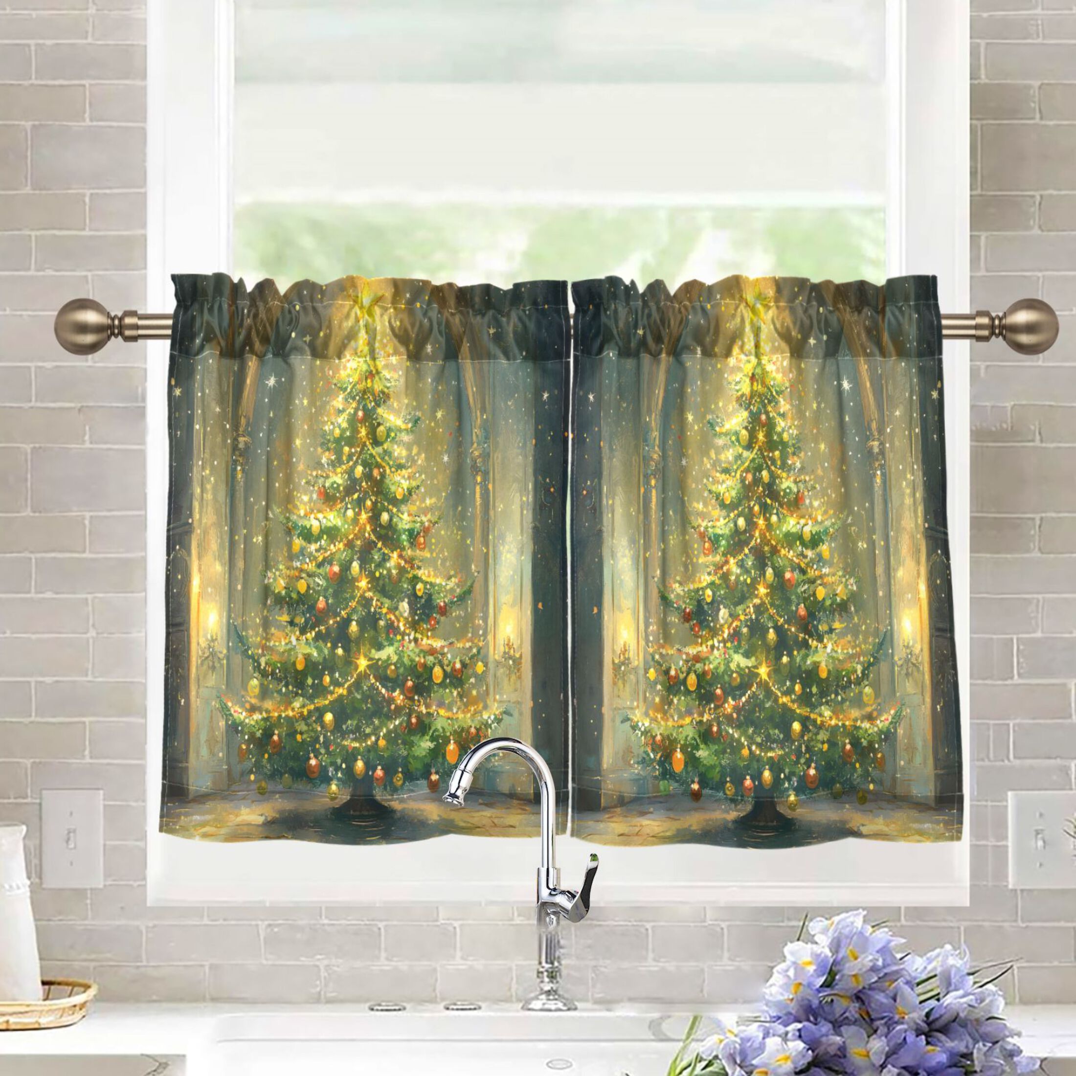 joogoo Christmas Golden Tree Curtains Sets Half Window Cafe Farmhouse ...