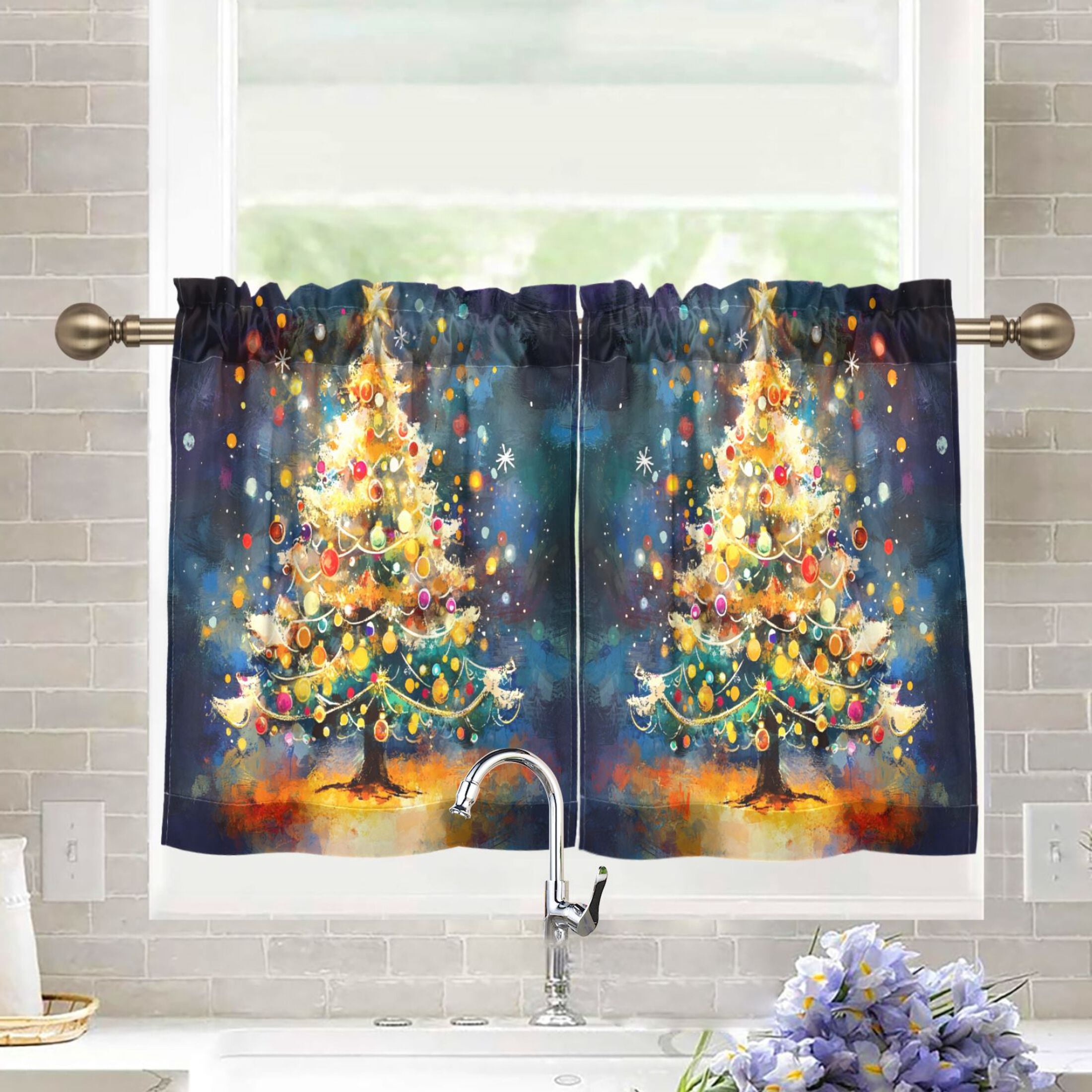 joogoo Christmas Tree Curtains Sets Half Window Cafe Farmhouse Tier 2 ...
