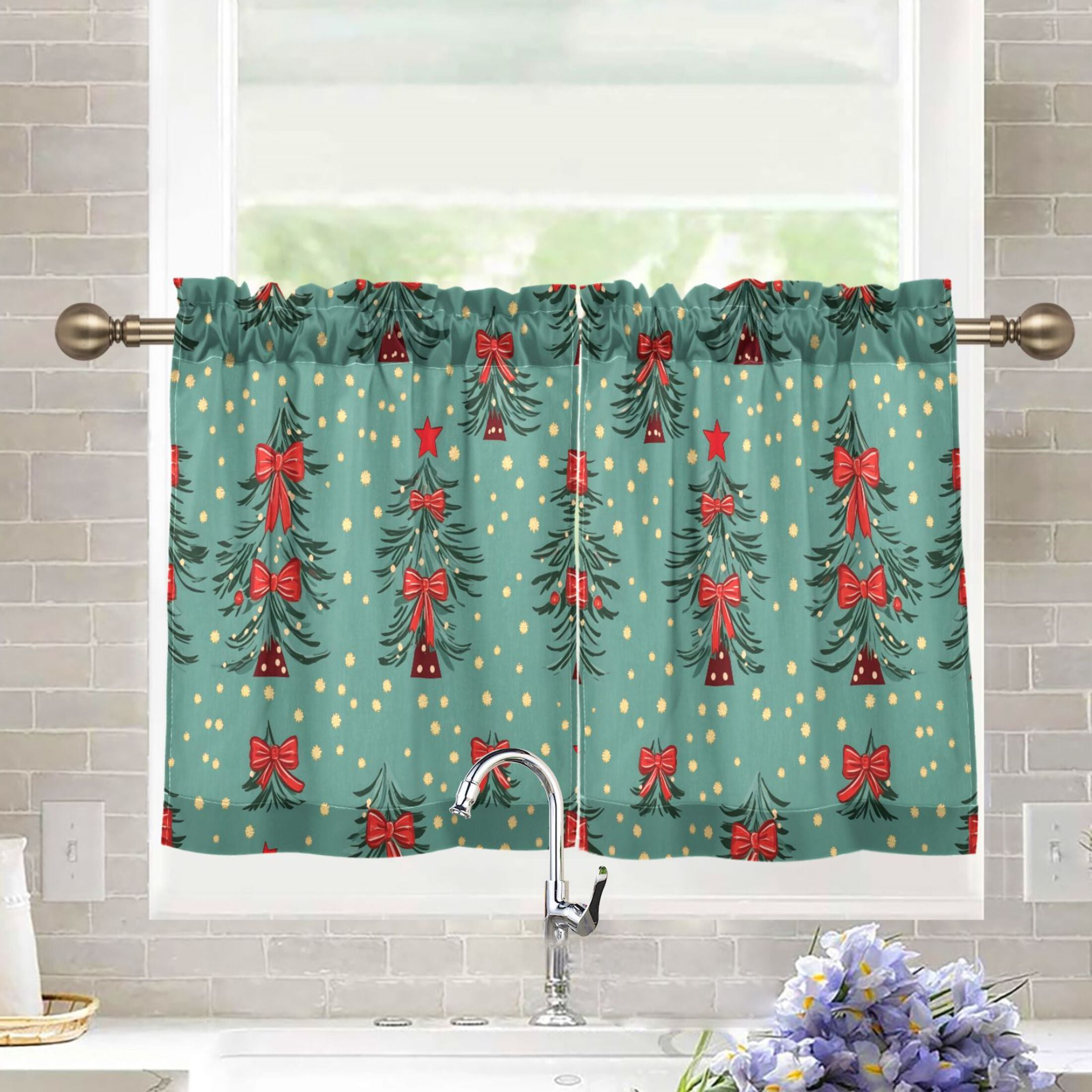 joogoo Christmas Tree Curtains Sets Half Window Cafe Farmhouse Tier 2 ...