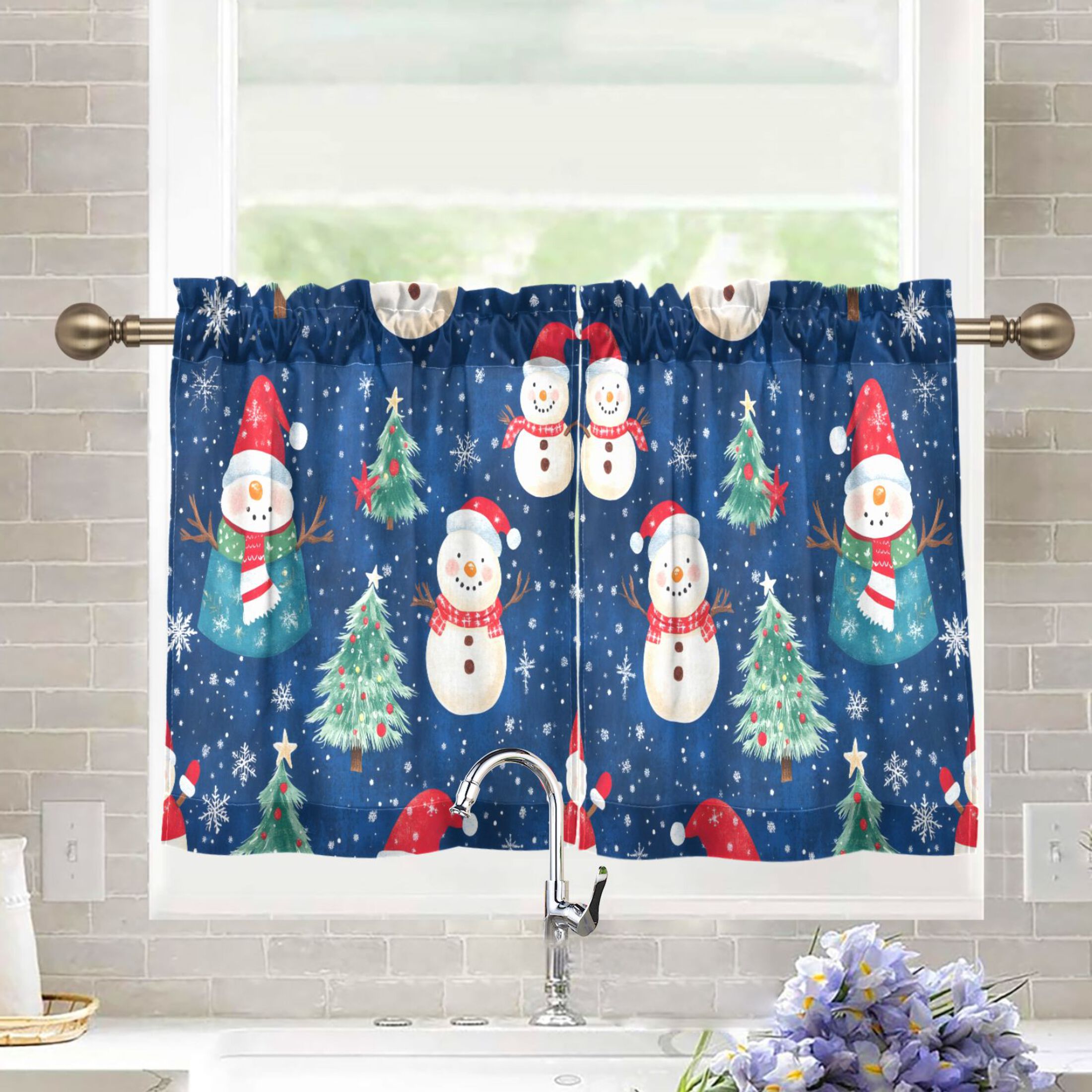 joogoo Christmas Tree Snowman Curtains Sets Half Window Cafe Farmhouse ...