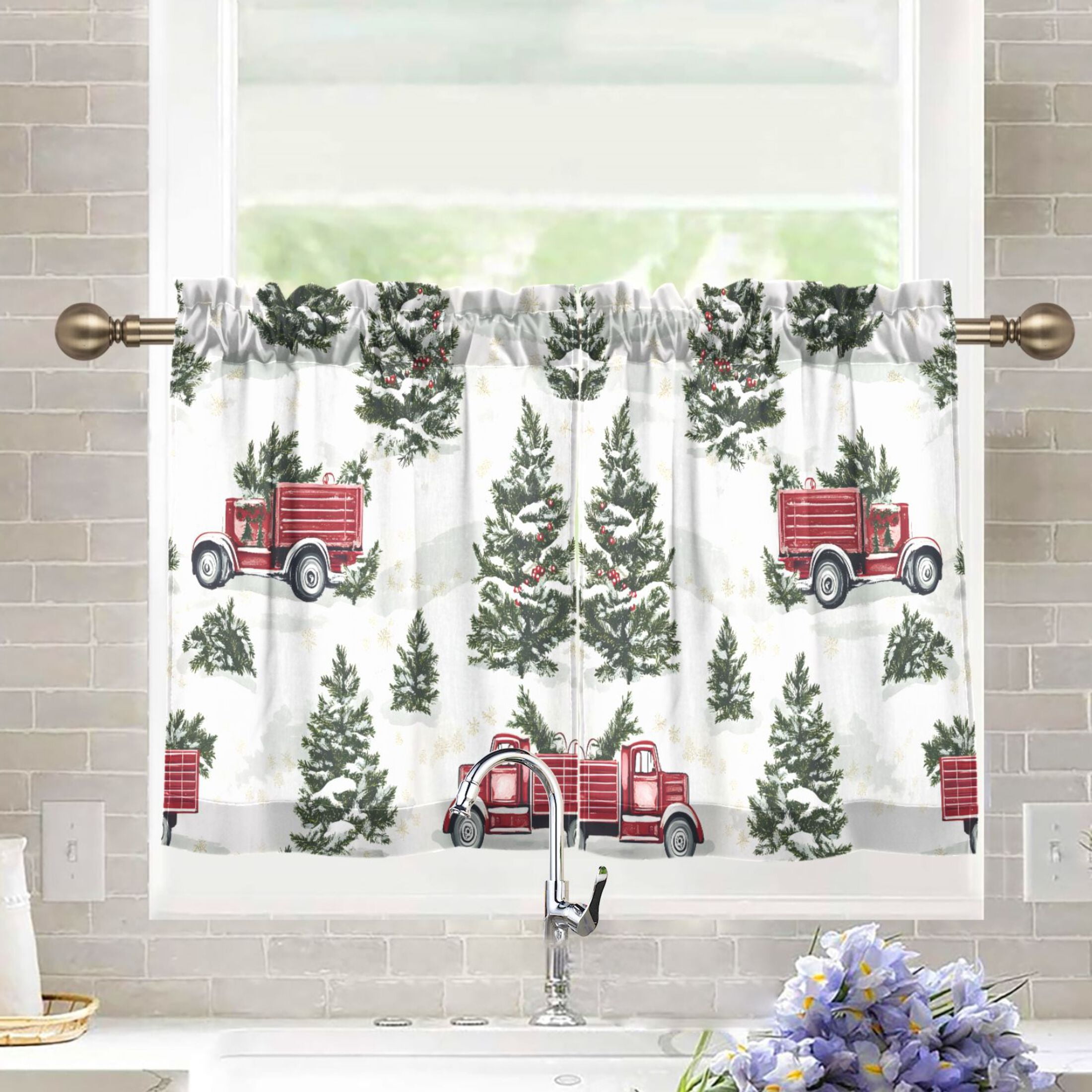 joogoo Christmas Tree on Truck Curtains Sets Half Window Cafe Farmhouse ...