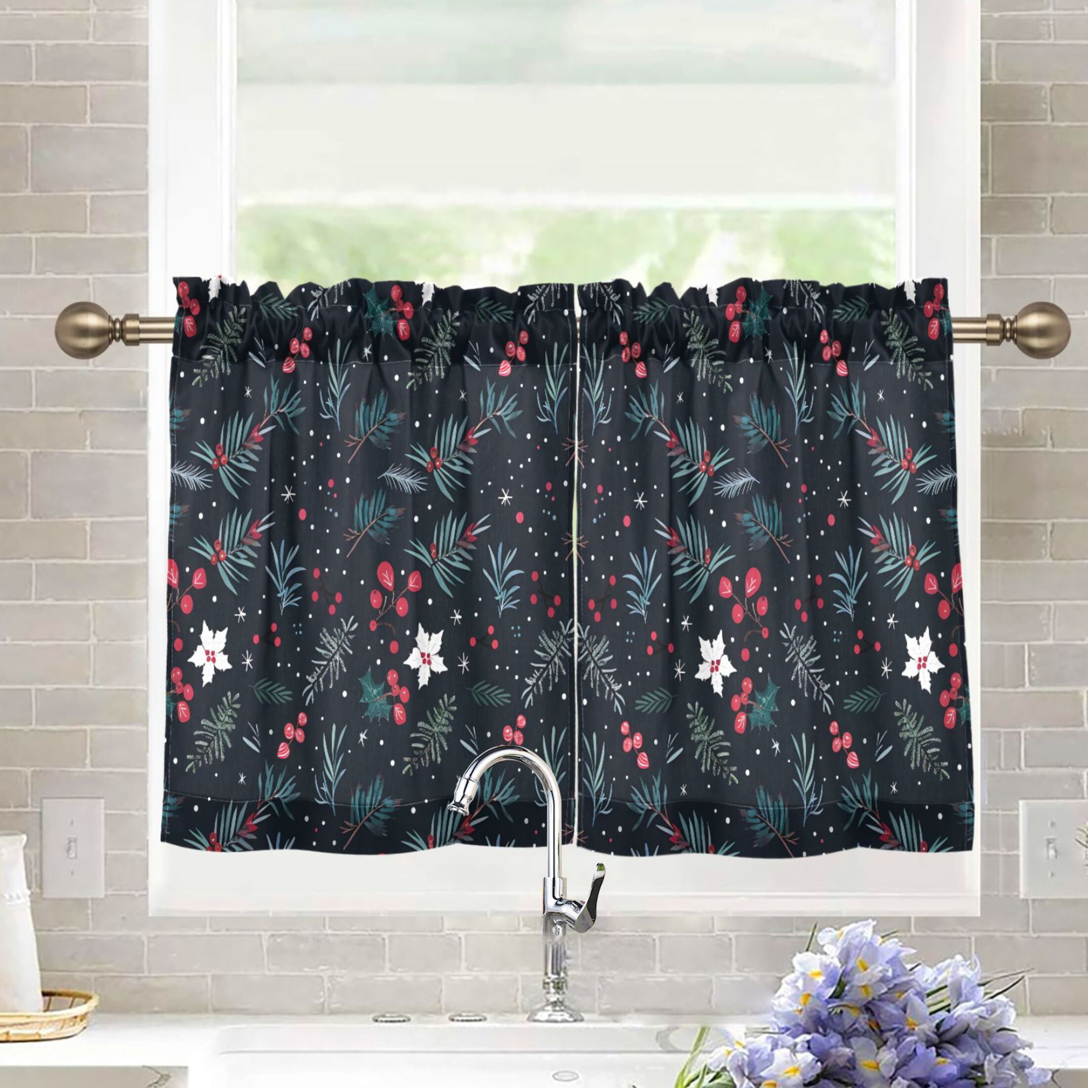 joogoo Christmas Trees Leaves Curtains Sets Half Window Cafe Farmhouse ...