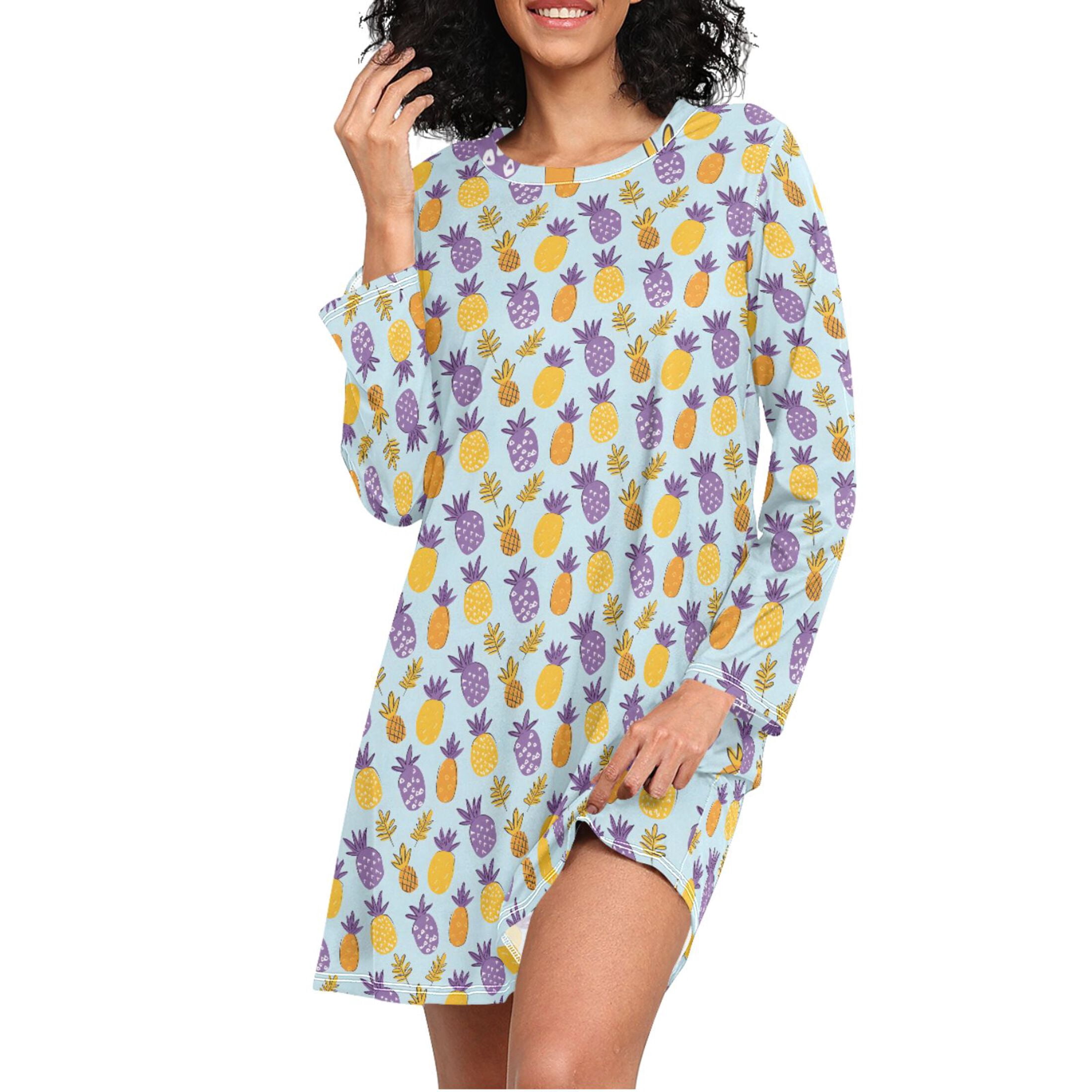 joogoo Cute Art Pineapple Women's Long Sleeve Nightgown Sleepwear XXL ...