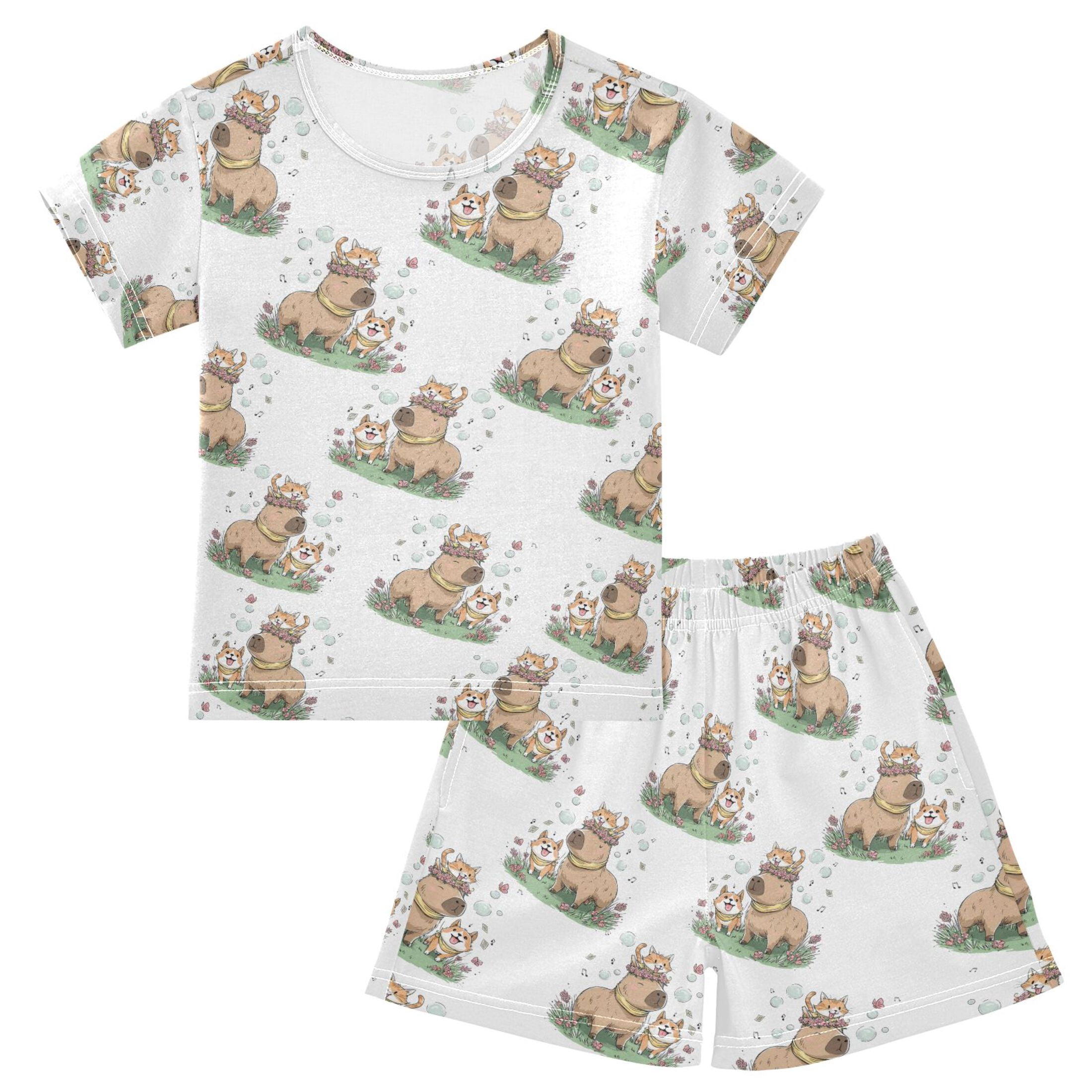 joogoo Cute Cats Corgi Capybara Pajama Sets Short Sleeve Cotton 2-Piece ...