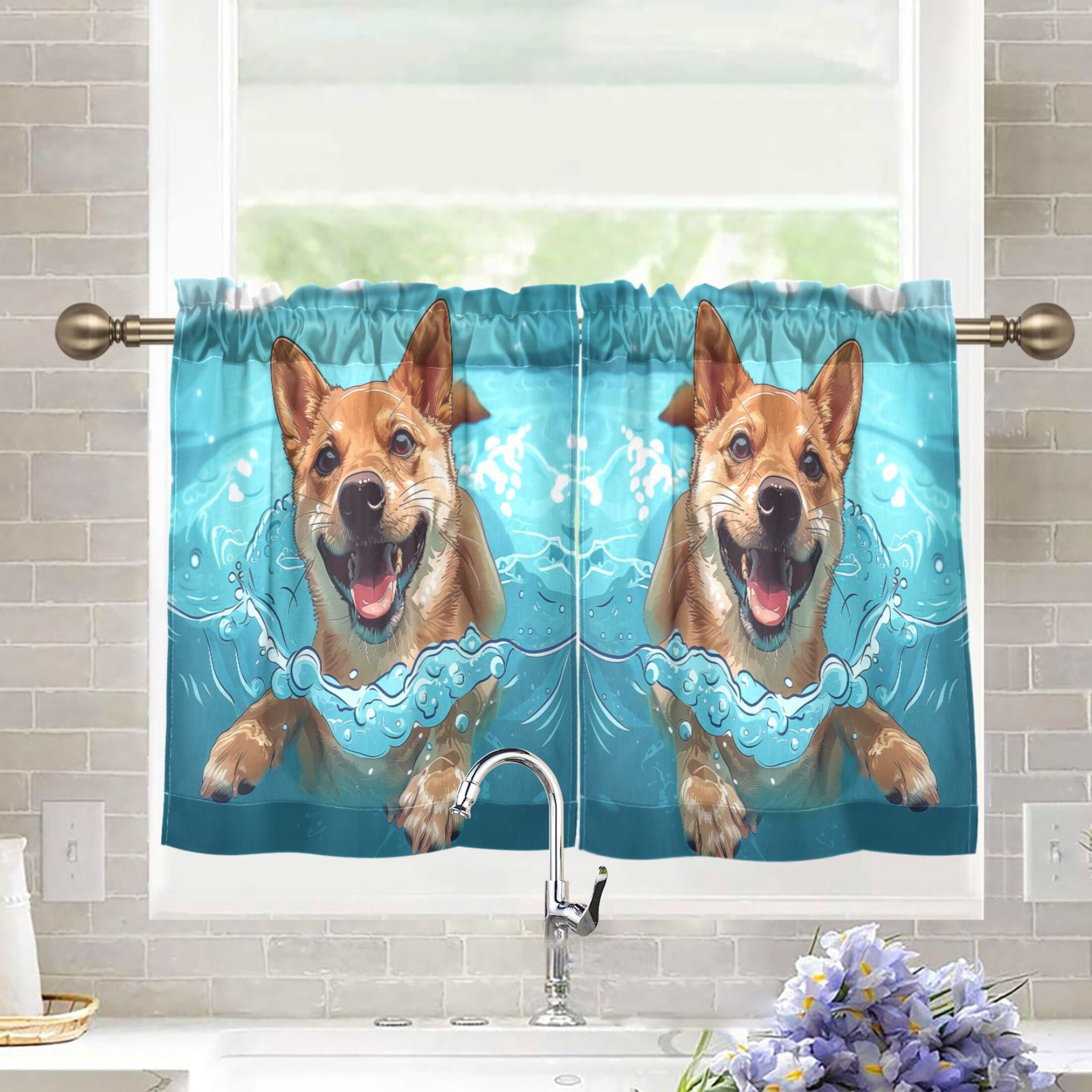 joogoo Cute Dog in Ocean Curtains Sets Half Window Cafe Farmhouse Tier ...