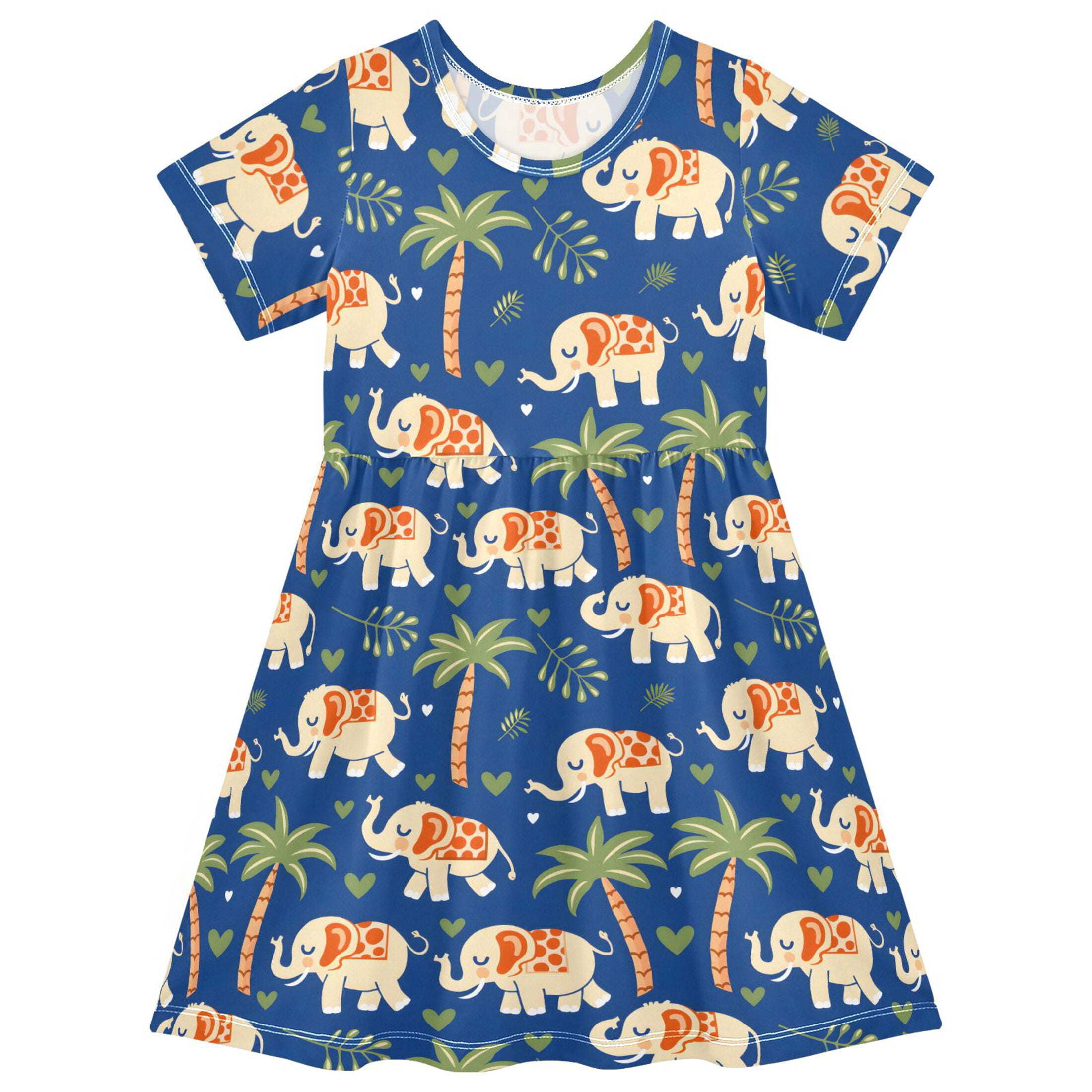 joogoo Cute Elephants Palm Trees Girls' Short Sleeve Dress Kids Dresses ...