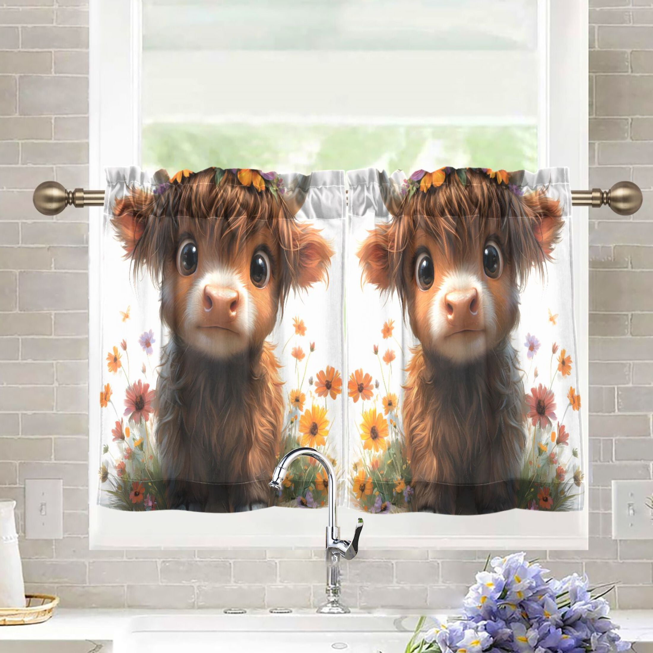 joogoo Cute Highland Cattle Curtains Sets Half Window Cafe Farmhouse ...