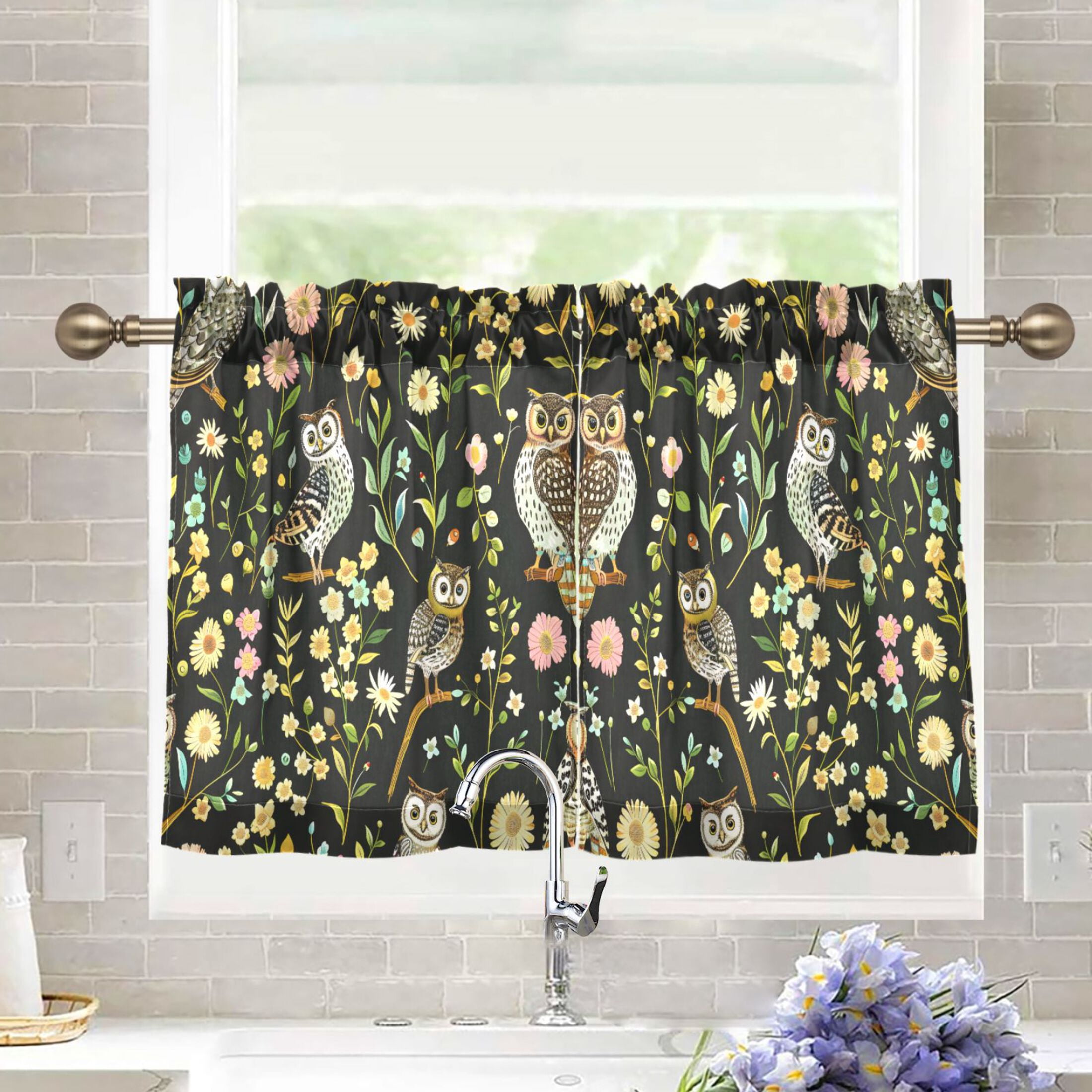 joogoo Cute Owls in Daisy Floral Curtains Sets Half Window Cafe ...