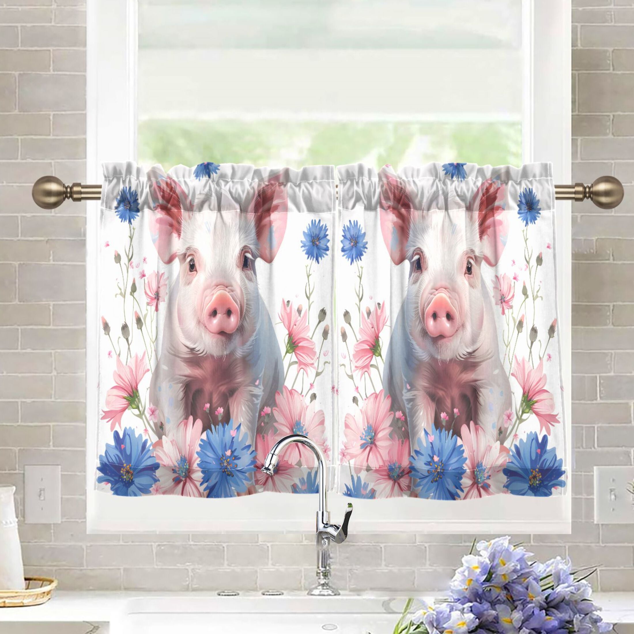 joogoo Cute Pig in Floral Curtains Sets Half Window Cafe Farmhouse Tier ...