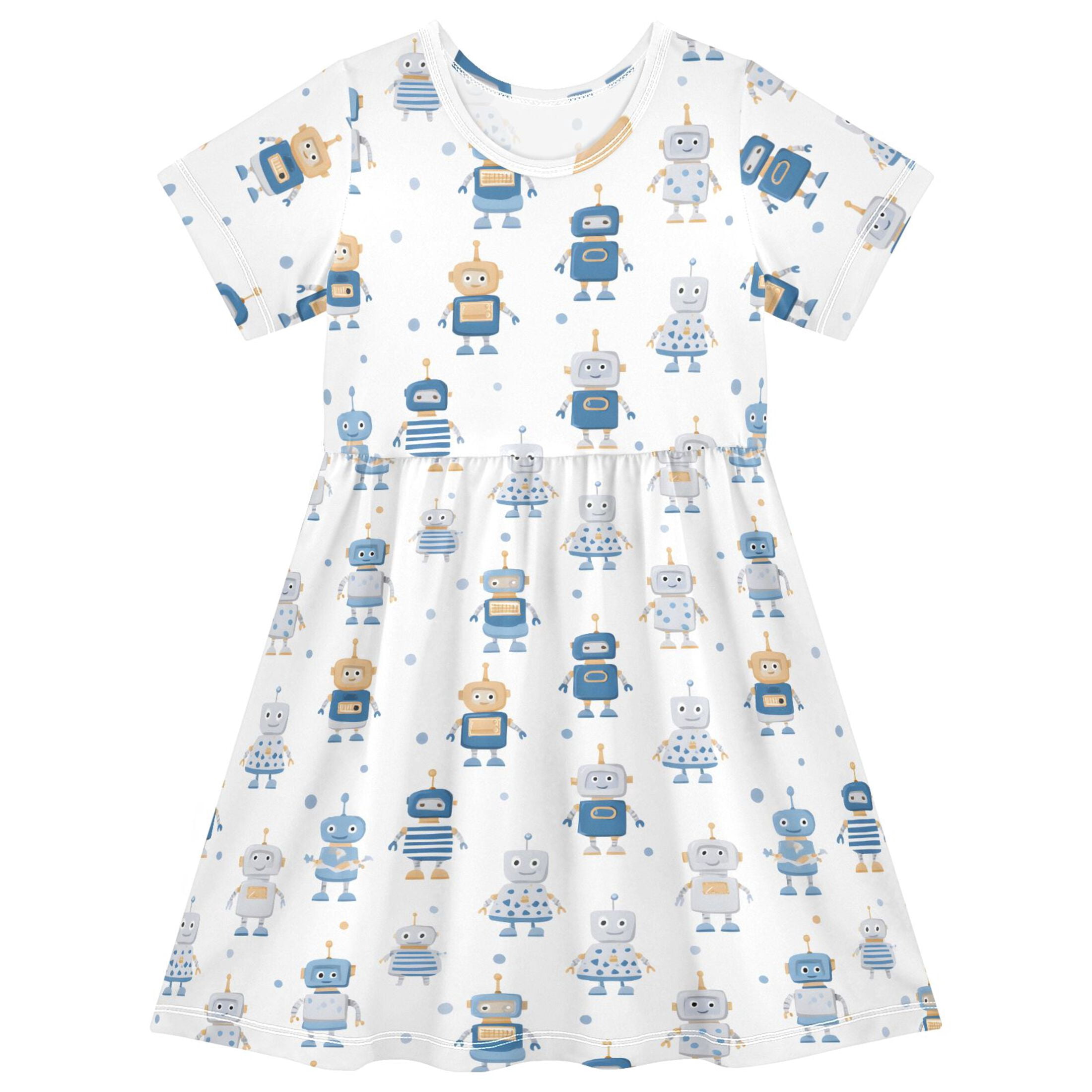 joogoo Cute Robots Girls' Short Sleeve Dress Kids Dresses 5-6T ...