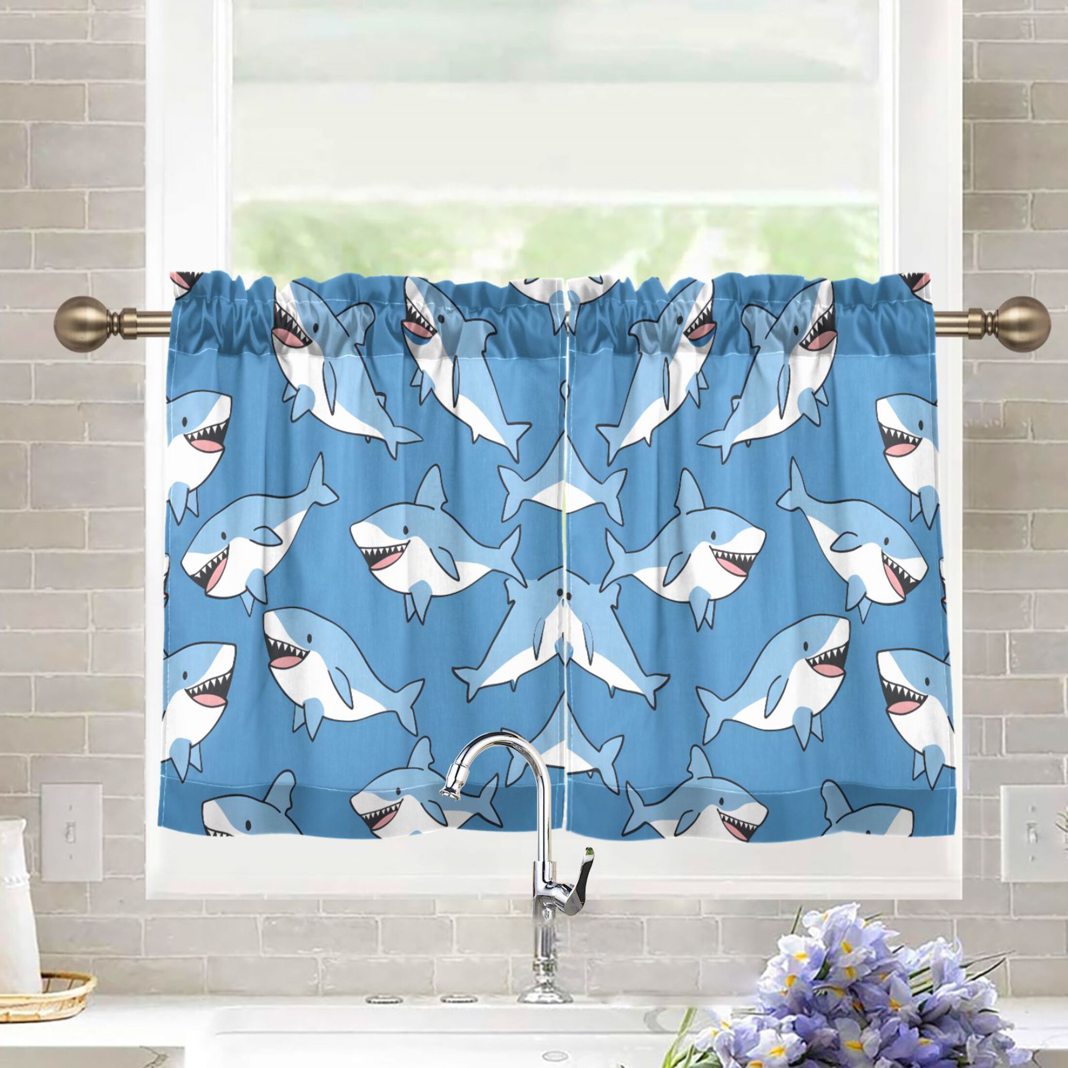 joogoo Cute Sharks Cartoon Curtains Sets Half Window Cafe Farmhouse ...