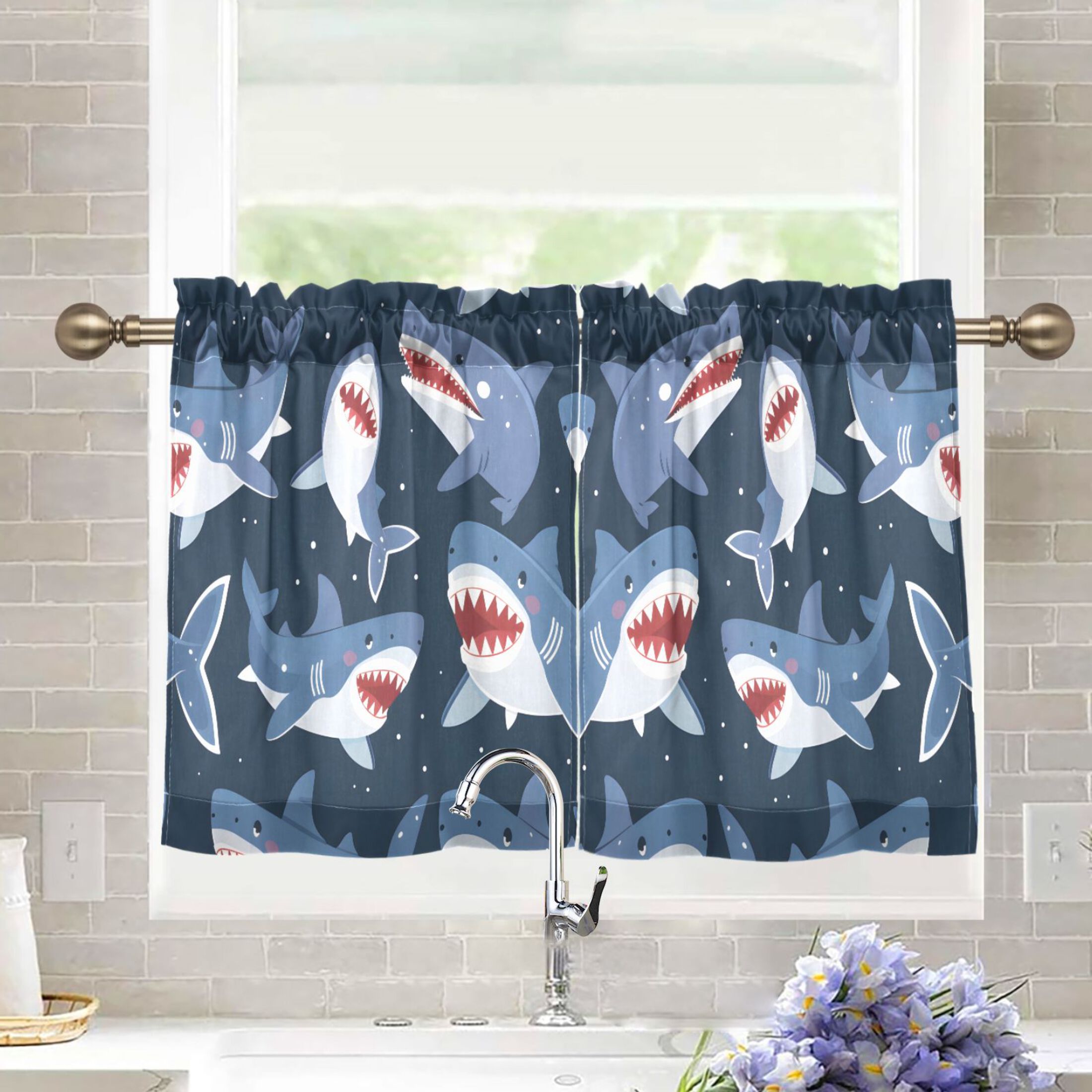 joogoo Cute Sharks Curtains Sets Half Window Cafe Farmhouse Tier 2 ...