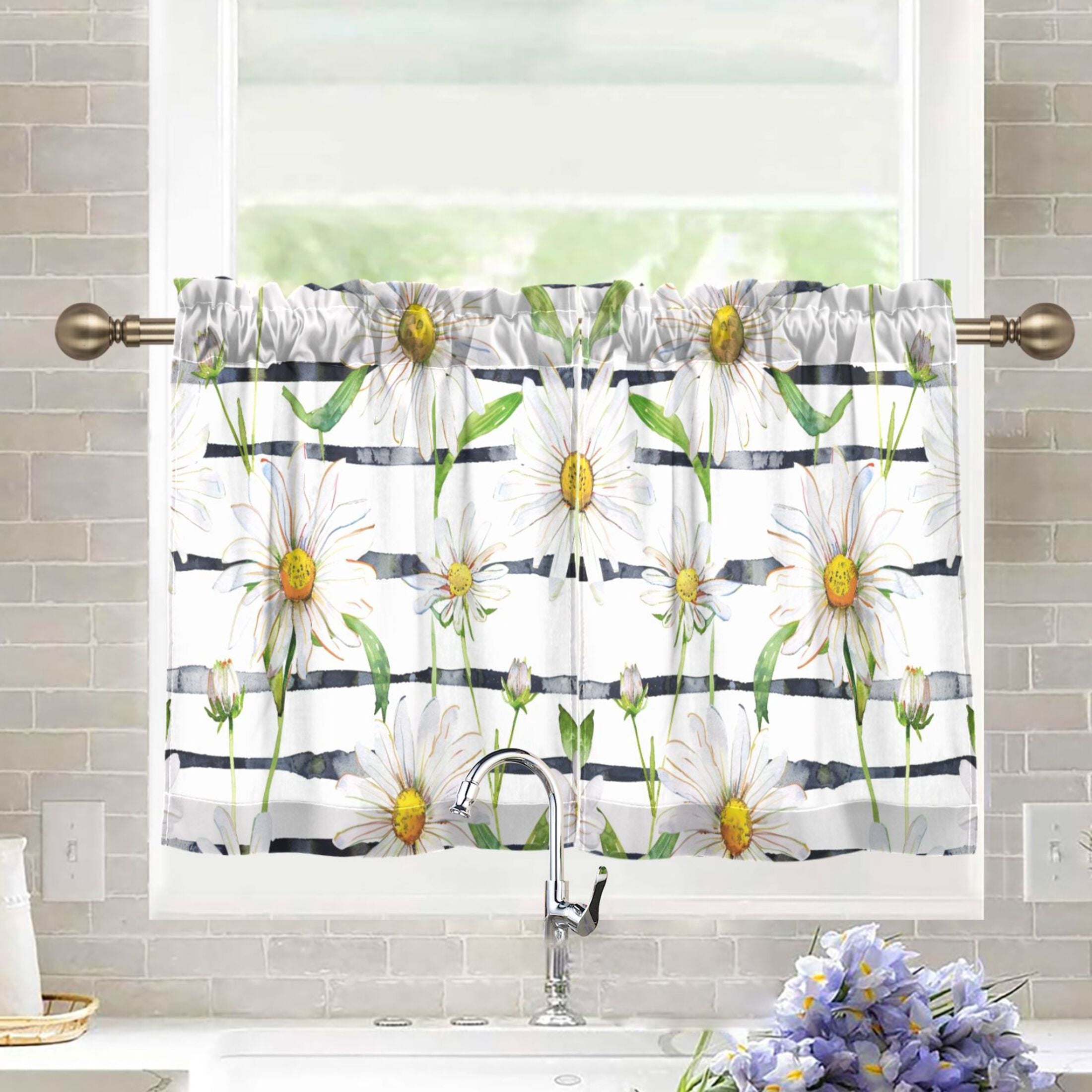 joogoo Daisy Flower on Stripe Curtains Sets Half Window Cafe Farmhouse ...