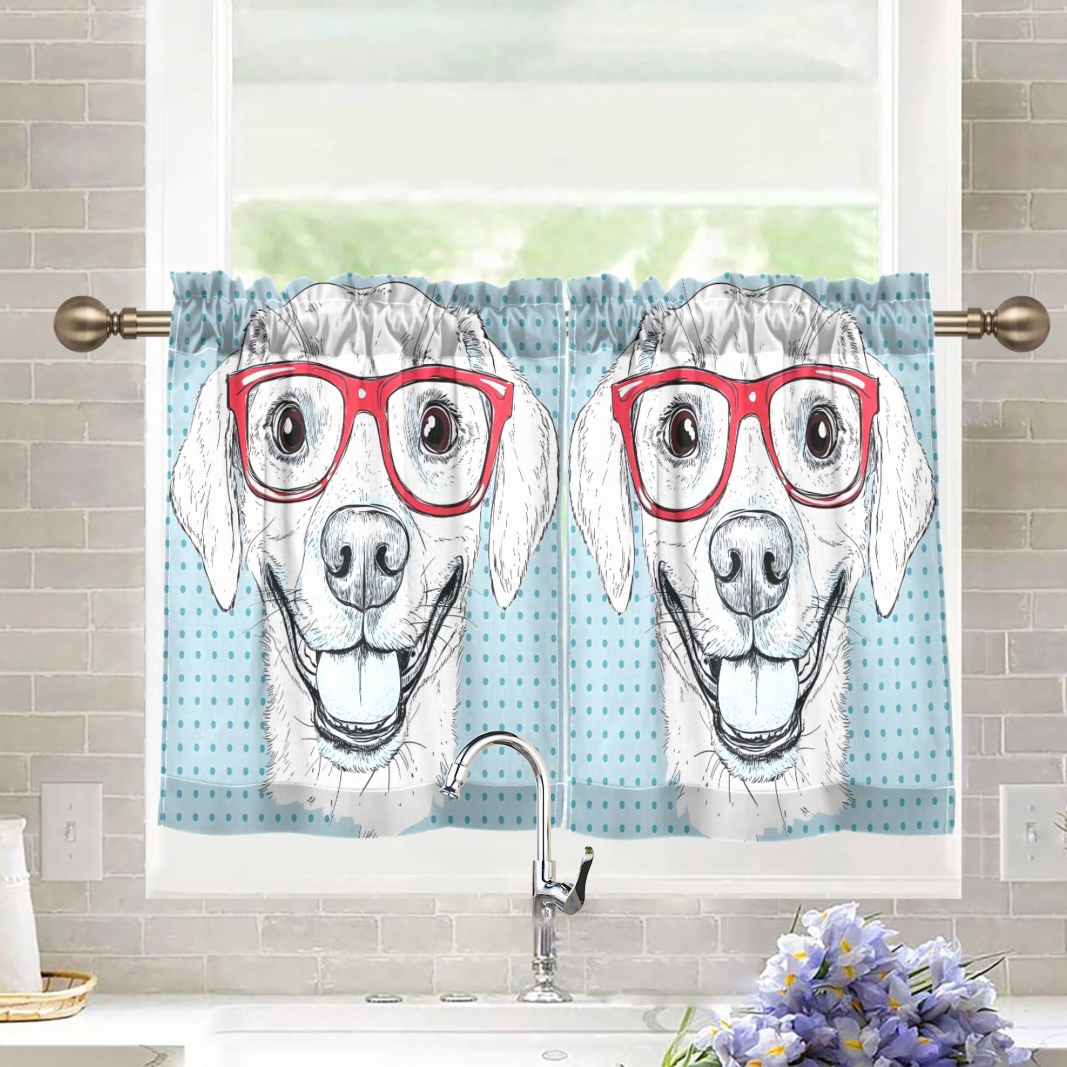 joogoo Dog Wear Glasses Curtains Sets Half Window Cafe Farmhouse Tier 2 ...
