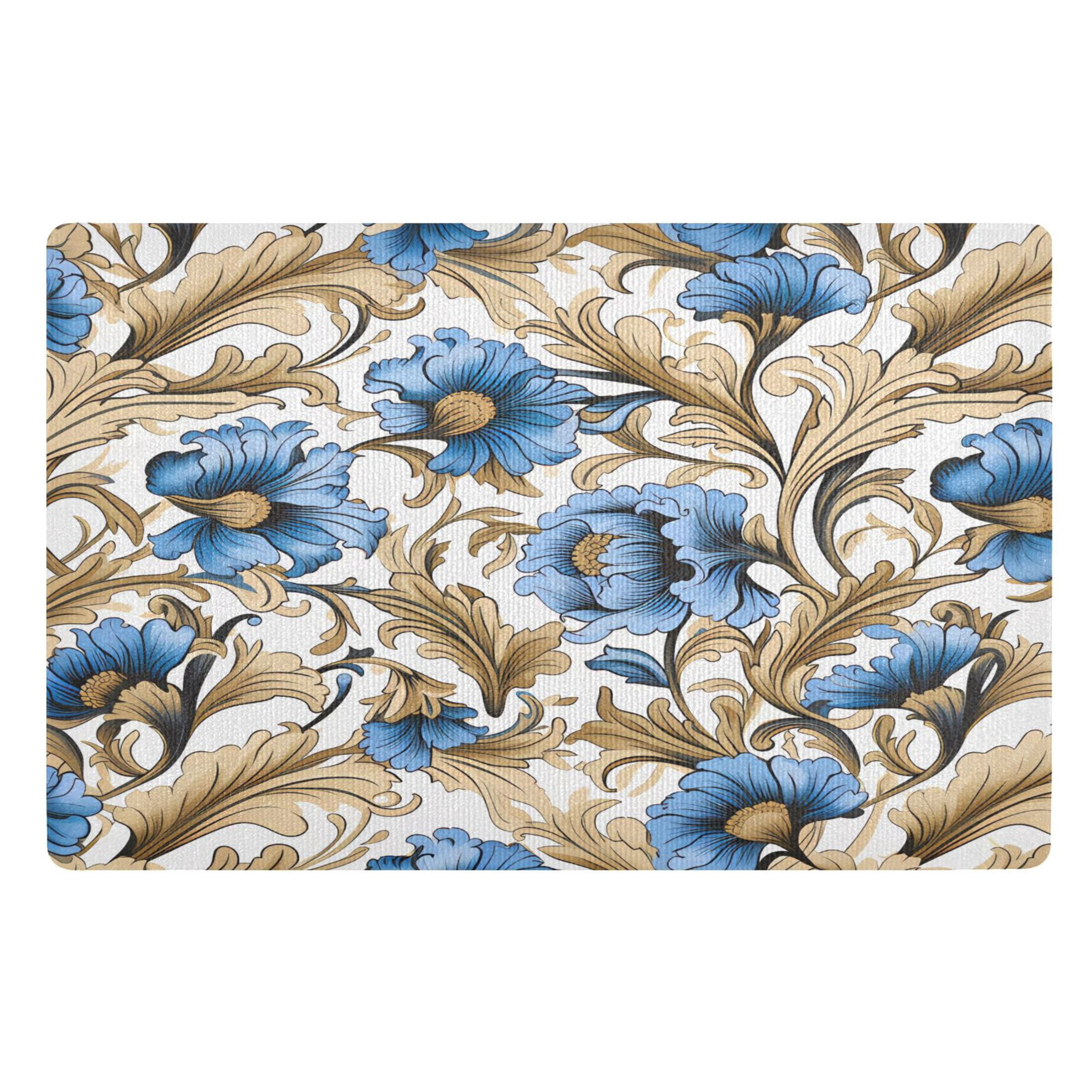 joogoo Door Mats Blue Flowers with Gold Leaves Outdoor Indoor Entrance ...