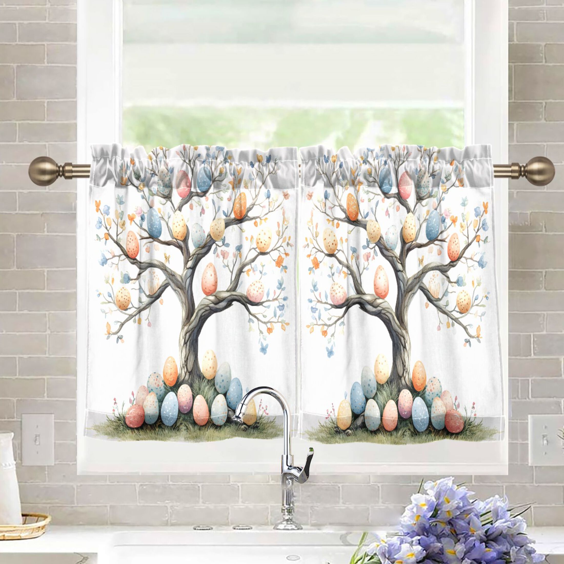 joogoo Easter Eggs Tree Curtains Sets Half Window Cafe Farmhouse Tier 2 ...
