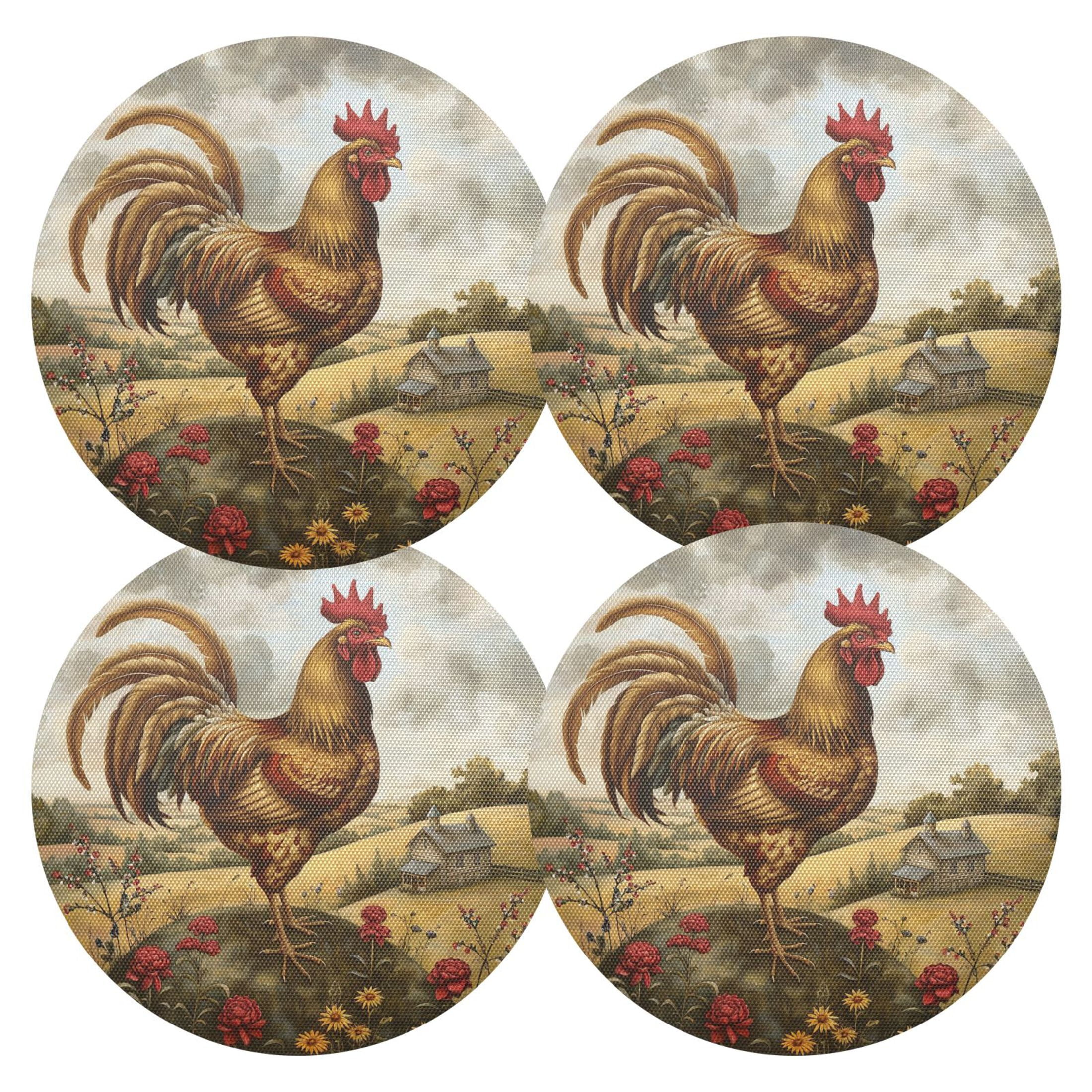 joogoo Farmhouse Rooster Flowers Round Plate Mats for Dining Table ...