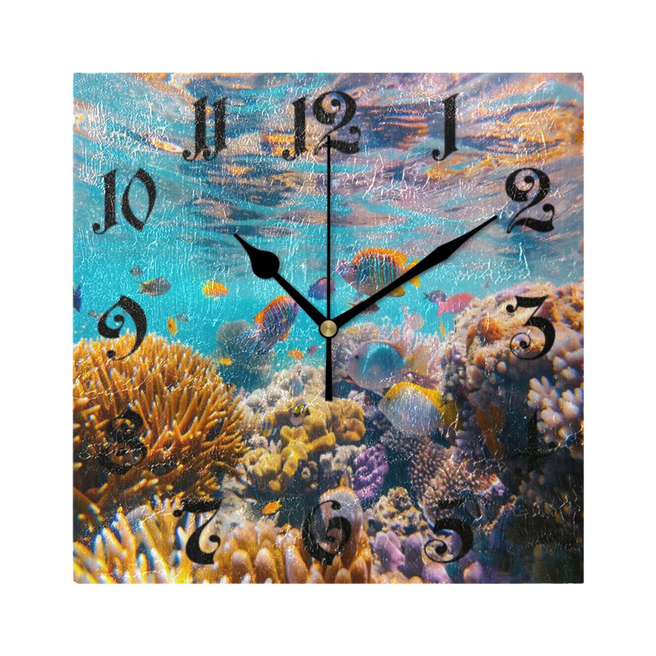 joogoo Fishes in Sea Wall Clock Square Silent Non-Ticking Battery ...
