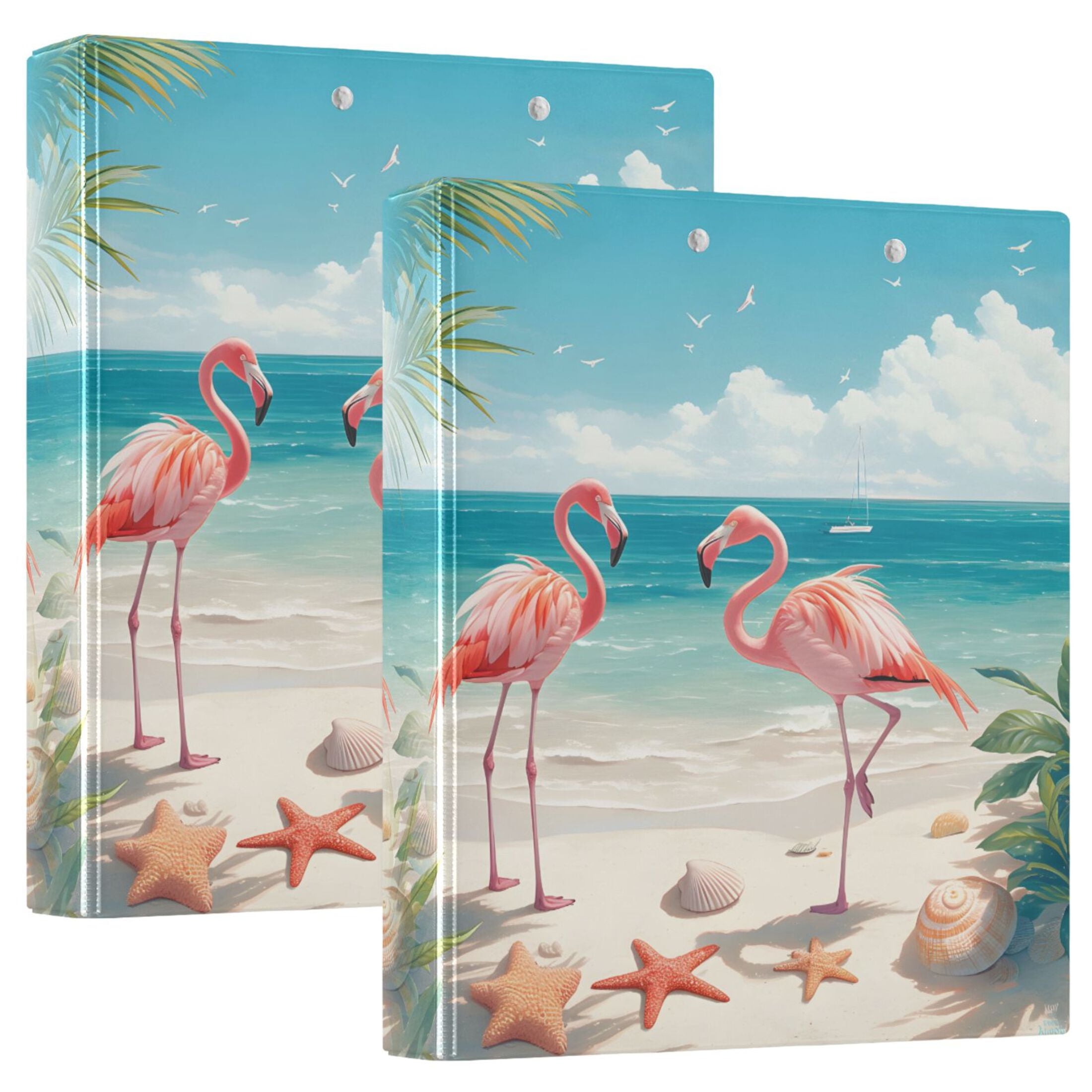 joogoo Flamingos and Starfish Shells on Beach Hardcover 3 Ring Binder 1 ...