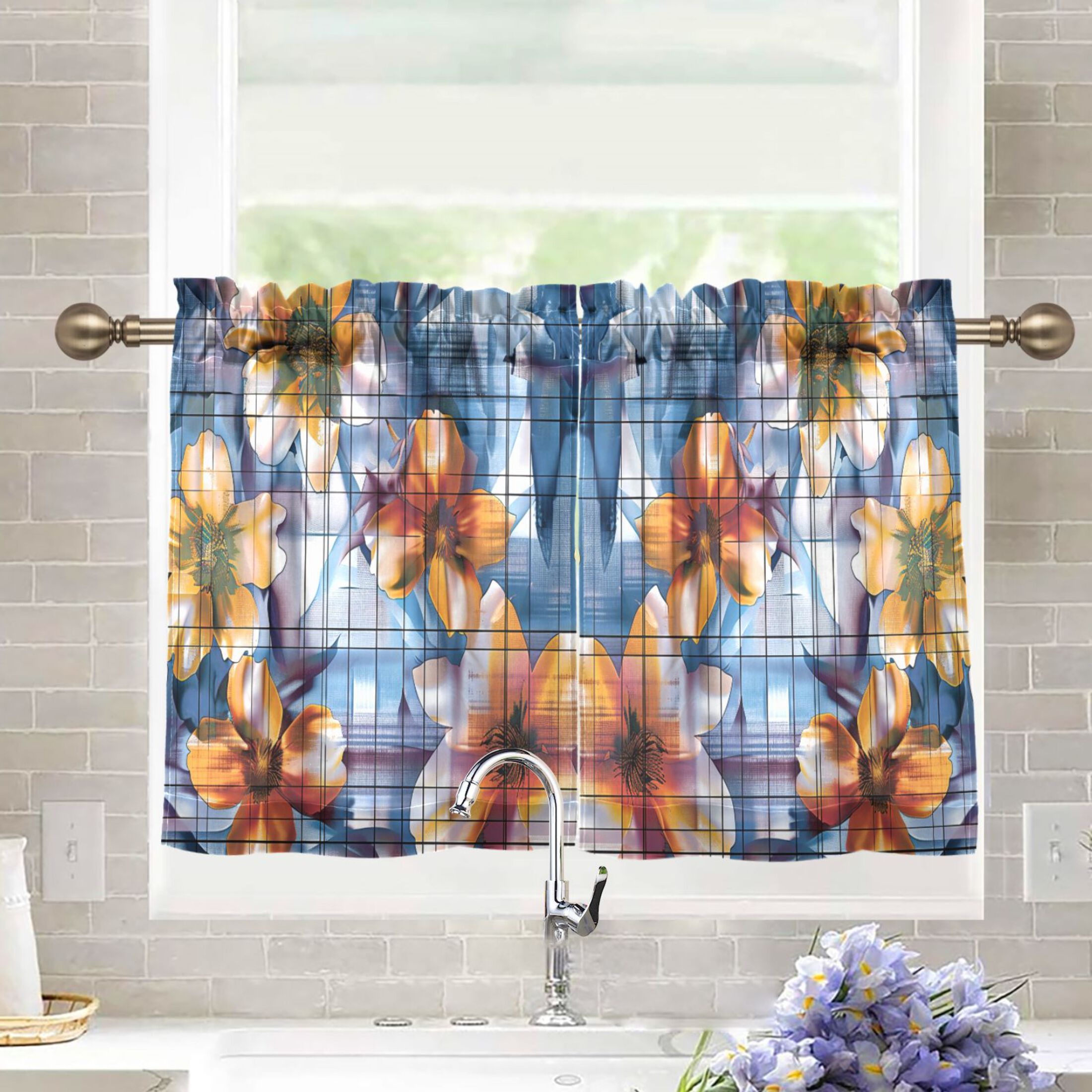joogoo Flower on Grid Abstract Curtains Sets Half Window Cafe Farmhouse ...