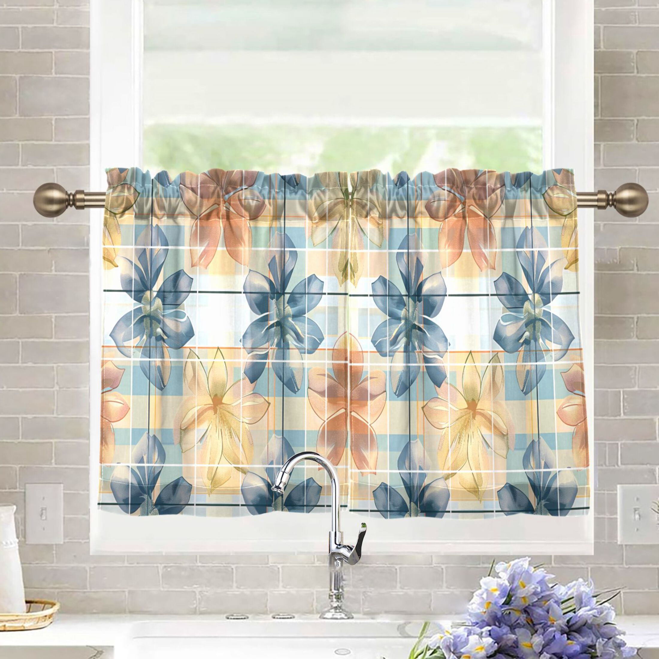 joogoo Flower on Grid Checkered Pattern Curtains Sets Half Window Cafe ...