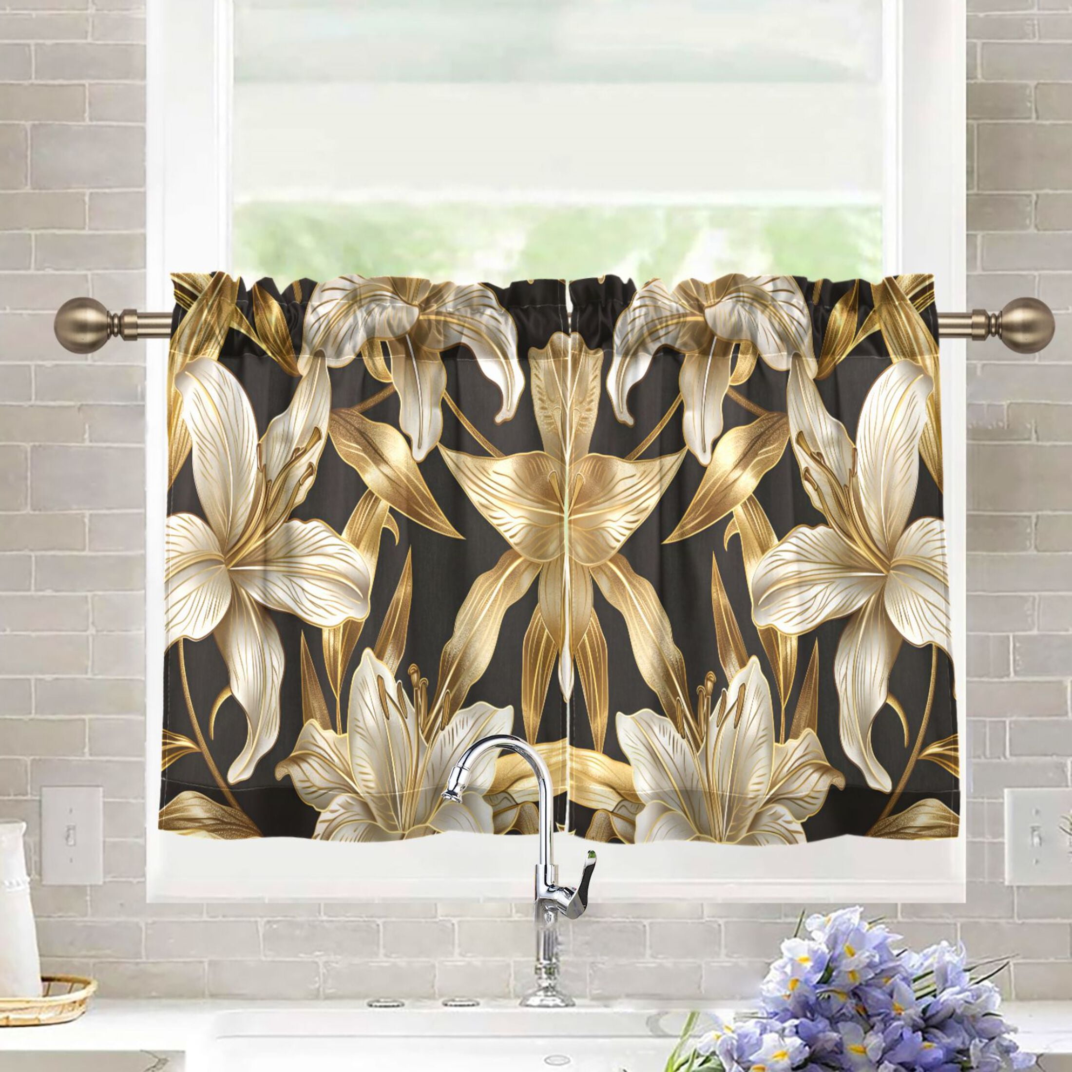 joogoo Golden Flower Curtains Sets Half Window Cafe Farmhouse Tier 2 ...