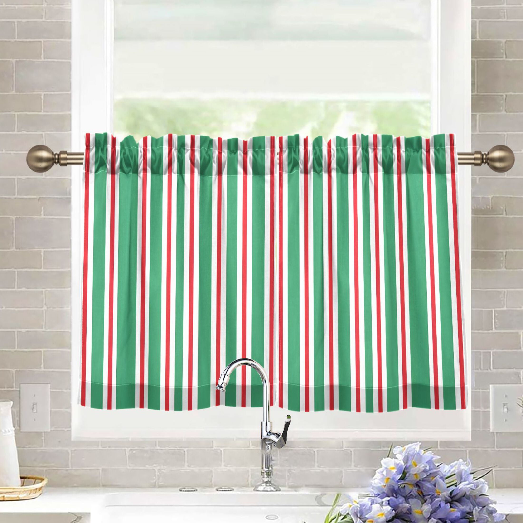 joogoo Green Red Stripe Curtains Sets Half Window Cafe Farmhouse Tier 2 ...