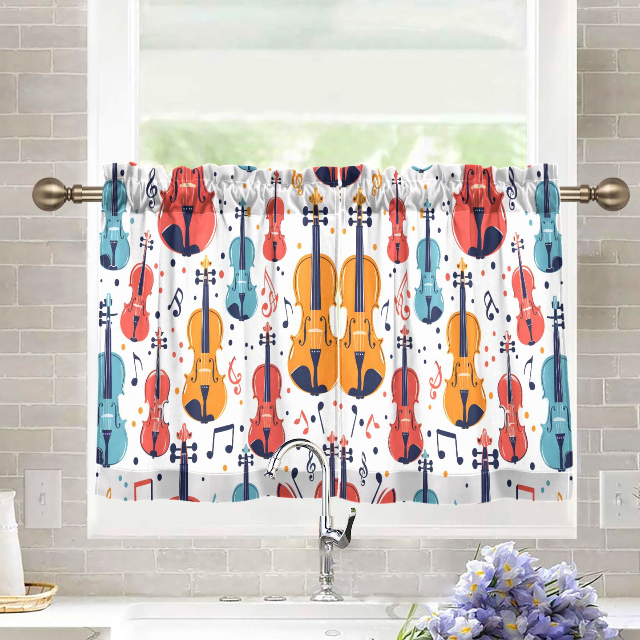 joogoo Guitar Music Notes Curtains Sets Half Window Cafe Farmhouse Tier ...