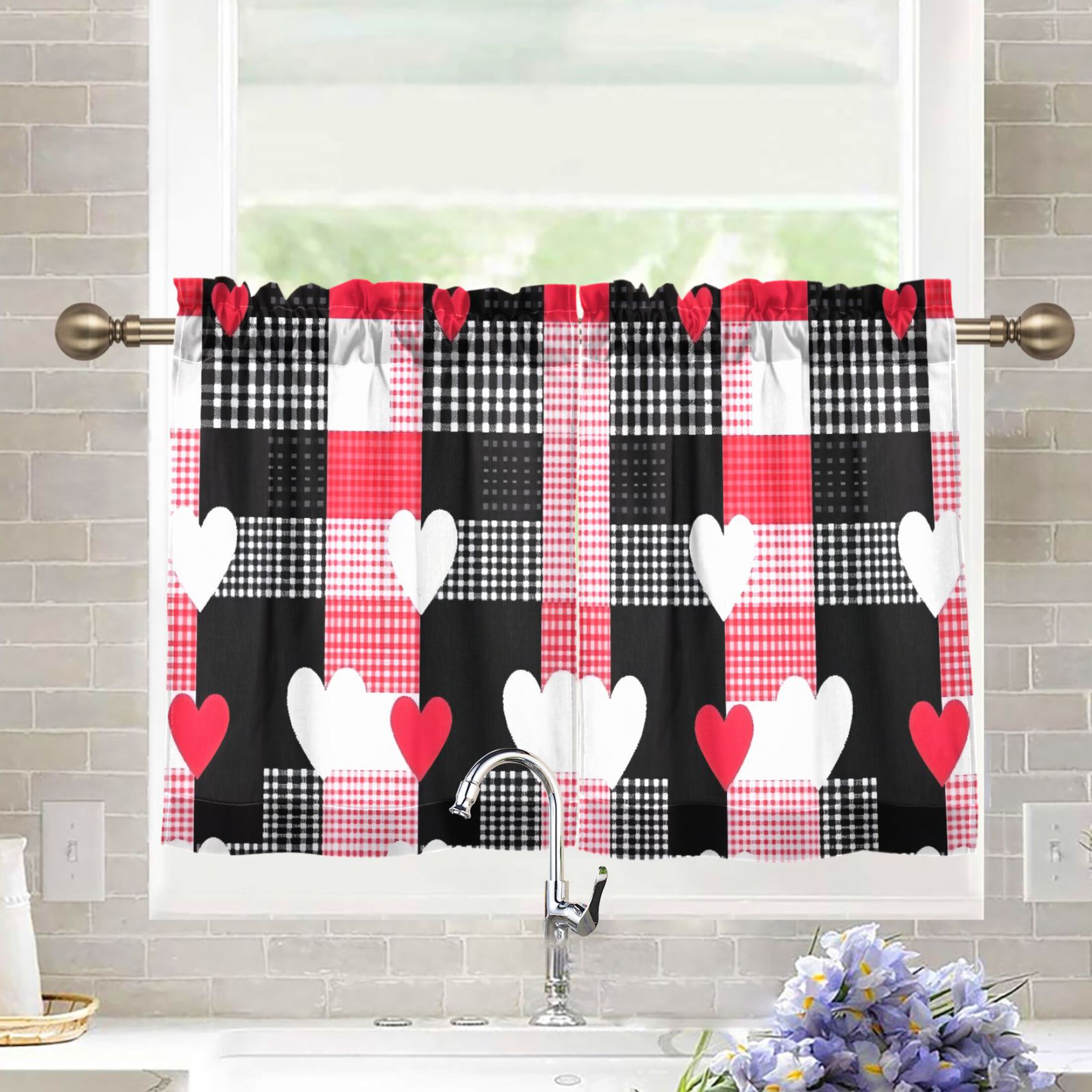 joogoo Heart on Checkered Grid Pattern Curtains Sets Half Window Cafe ...