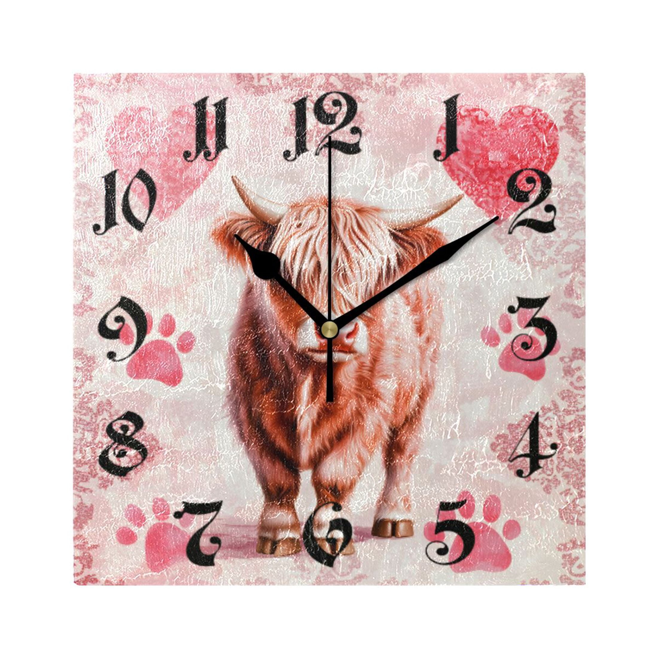 joogoo Highland Cattle Footprints Wall Clock Square Silent Non-Ticking ...