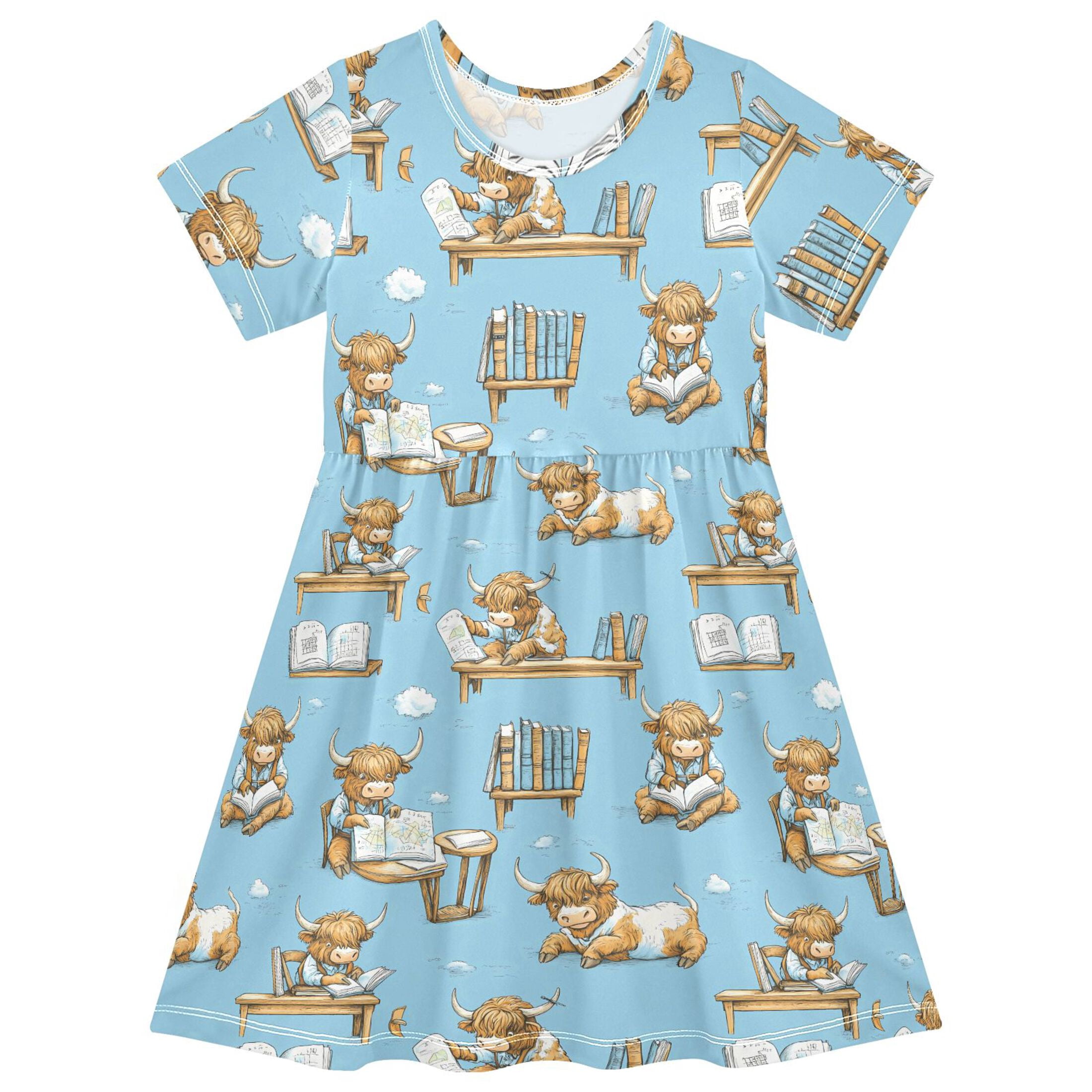 joogoo Highland Cattle Reading Girls' Short Sleeve Dress Kids Dresses 5 ...