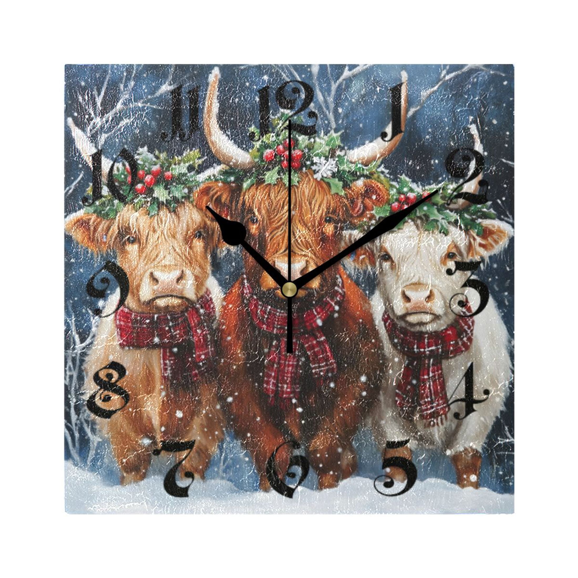 joogoo Highland Cattle Wall Clock Square Silent Non-Ticking Battery ...