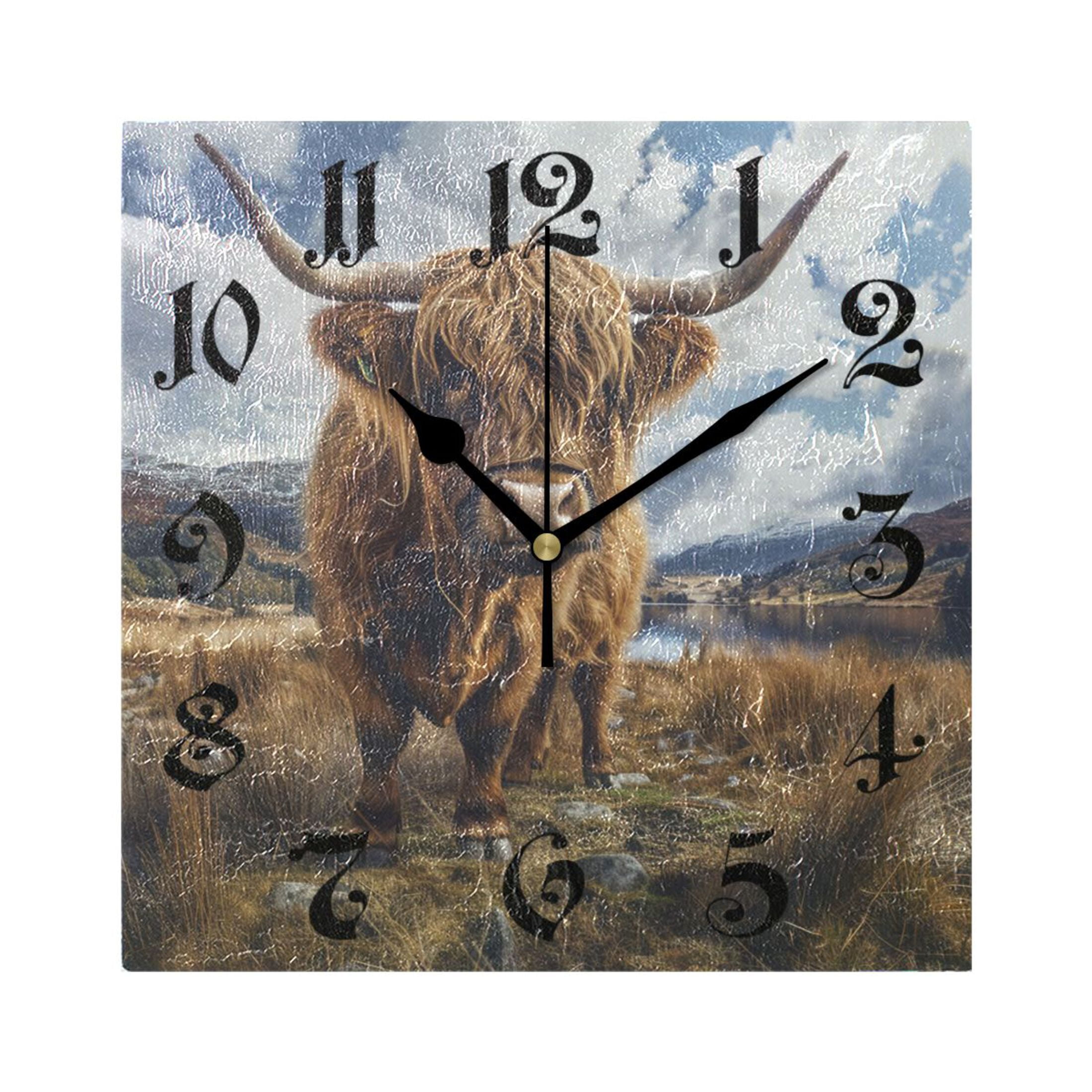 joogoo Highland Cow Wall Clock Square Silent Non-Ticking Battery ...
