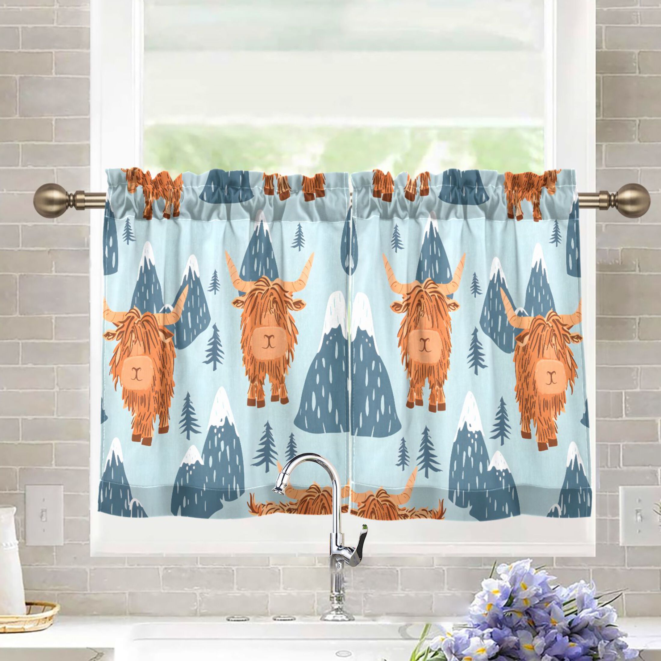 joogoo Highland Cow and Mountains Curtains Sets Half Window Cafe Farmhouse Tier 2 Panels Short ...