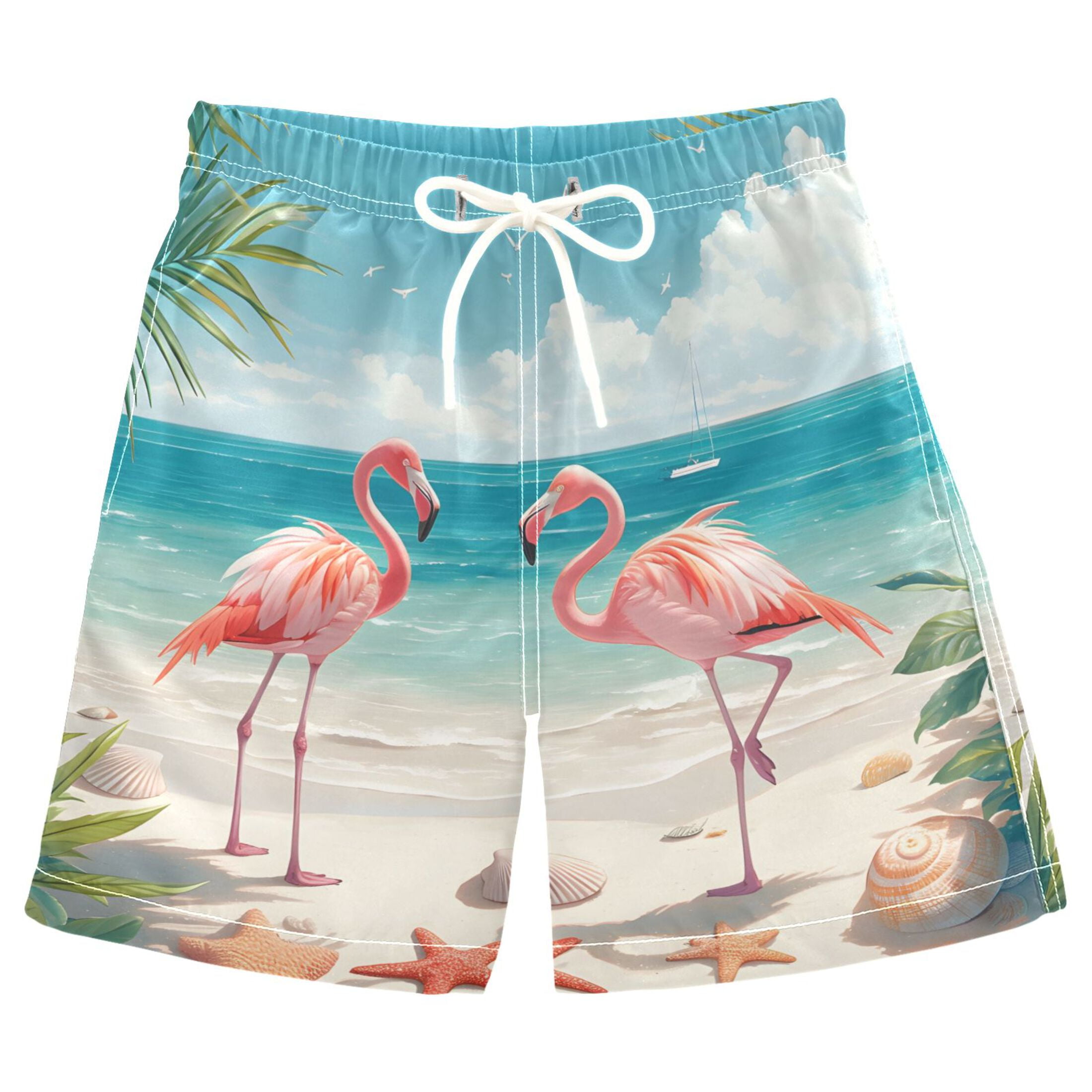 joogoo Kids Boys Swim Trunks Flamingos and Starfish Shells on Beach ...